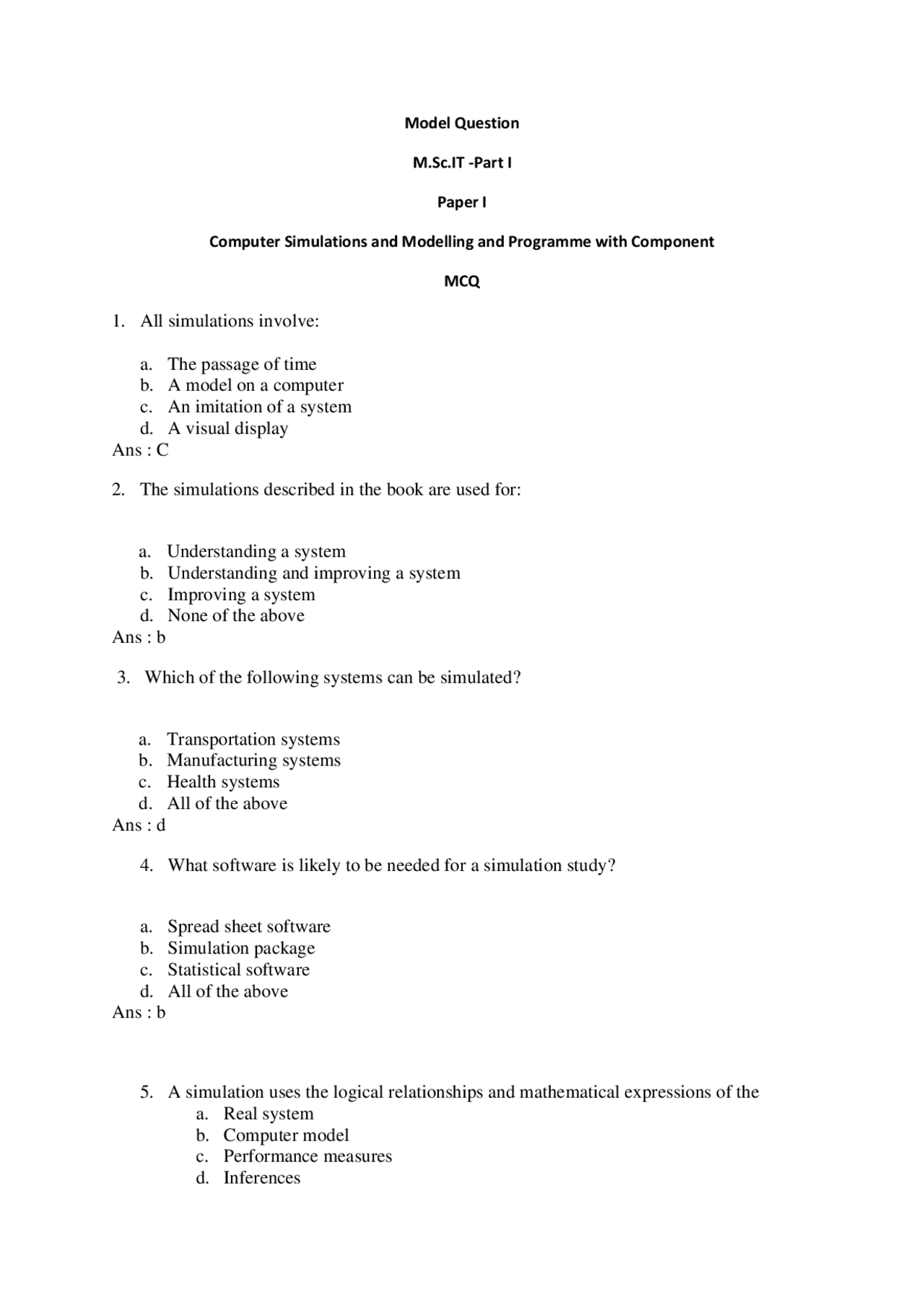 Computer Simulations and Modelling MCQs for M.Sc.IT Students | Exercises Computer science | Docsity