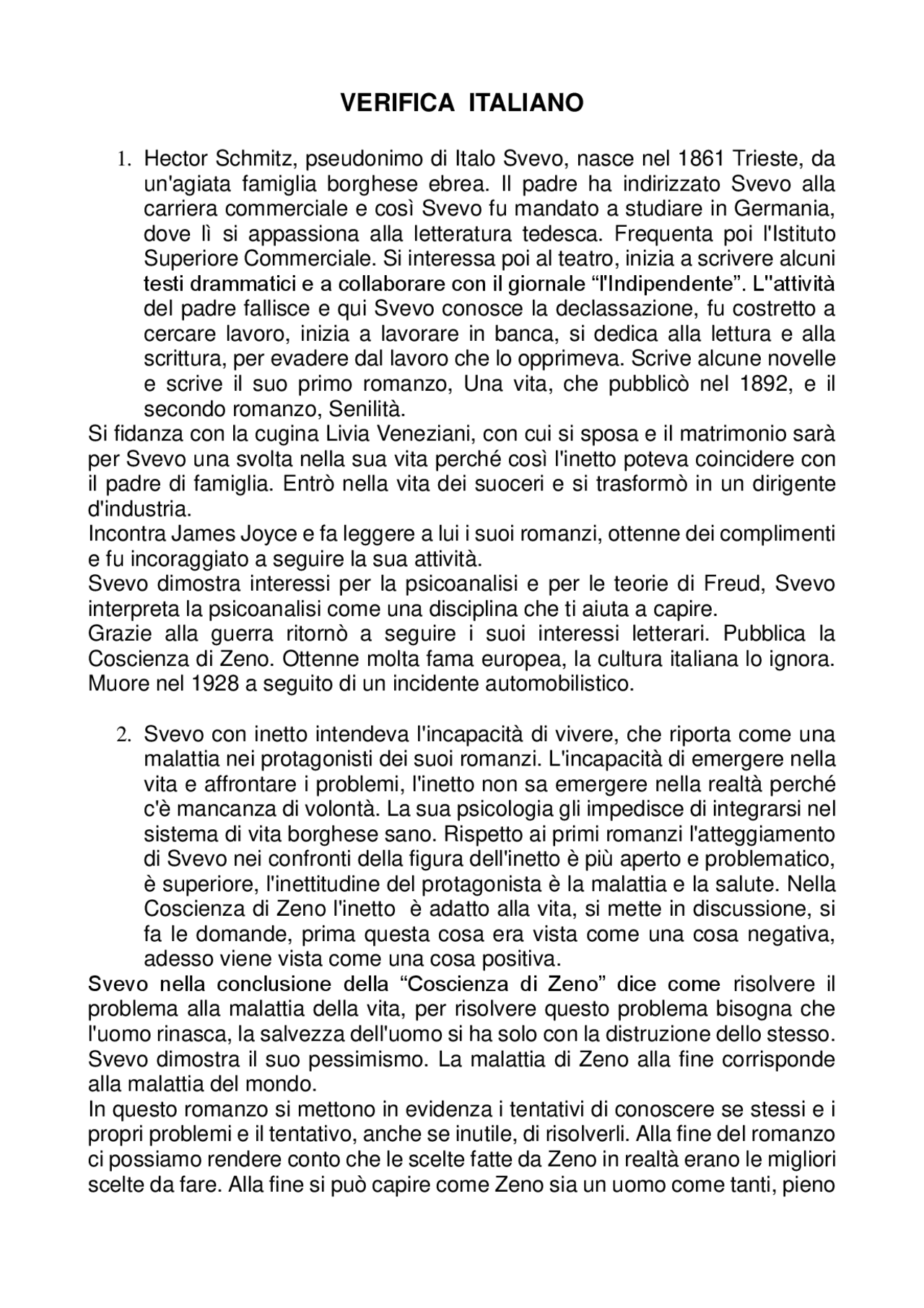 Verifica italiano su Svevo e Pirandello | Appunti di Italiano | Docsity