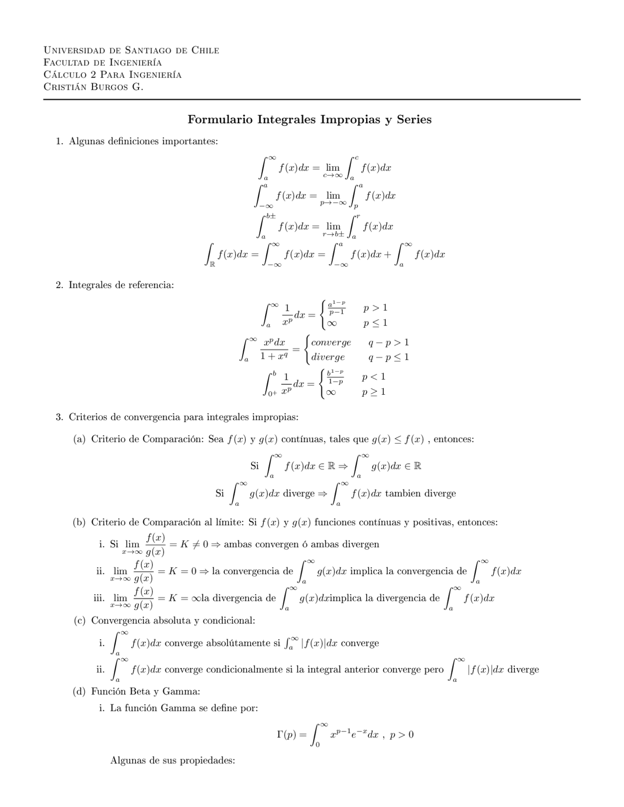 Formulario de Integrales impropias - Docsity