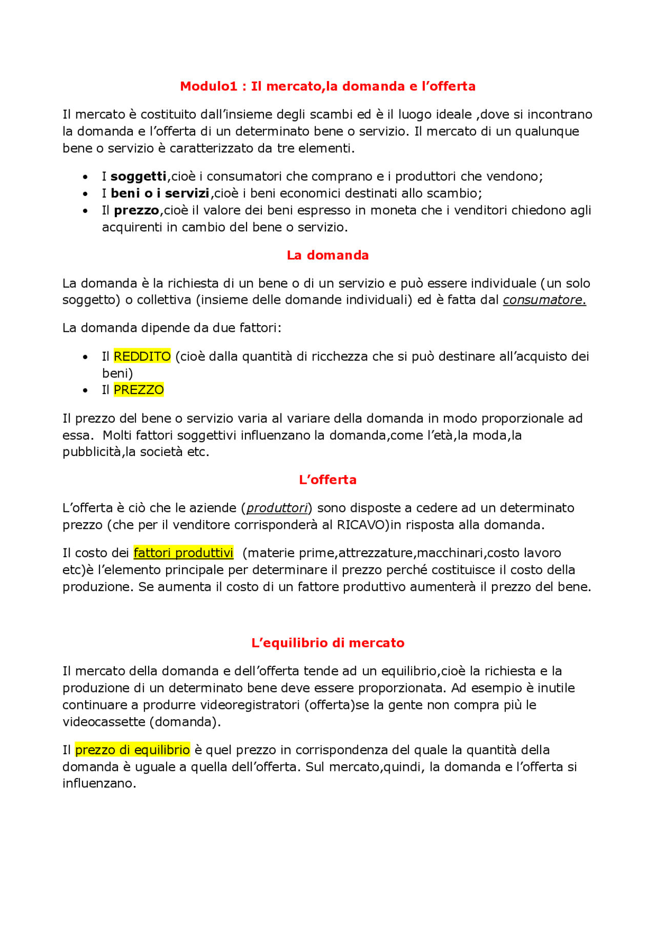 Il mercato,la domanda e l'offerta. - Docsity