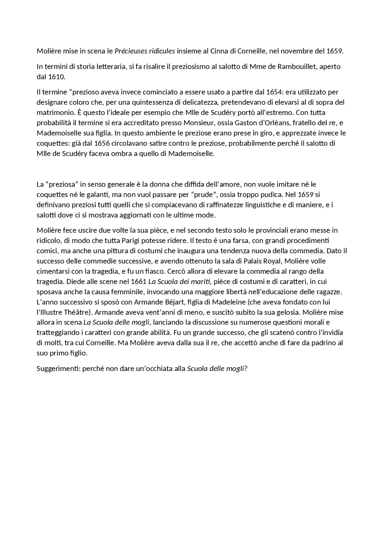 Appunti Generici Di Molière Appunti Di Letteratura Francese Docsity