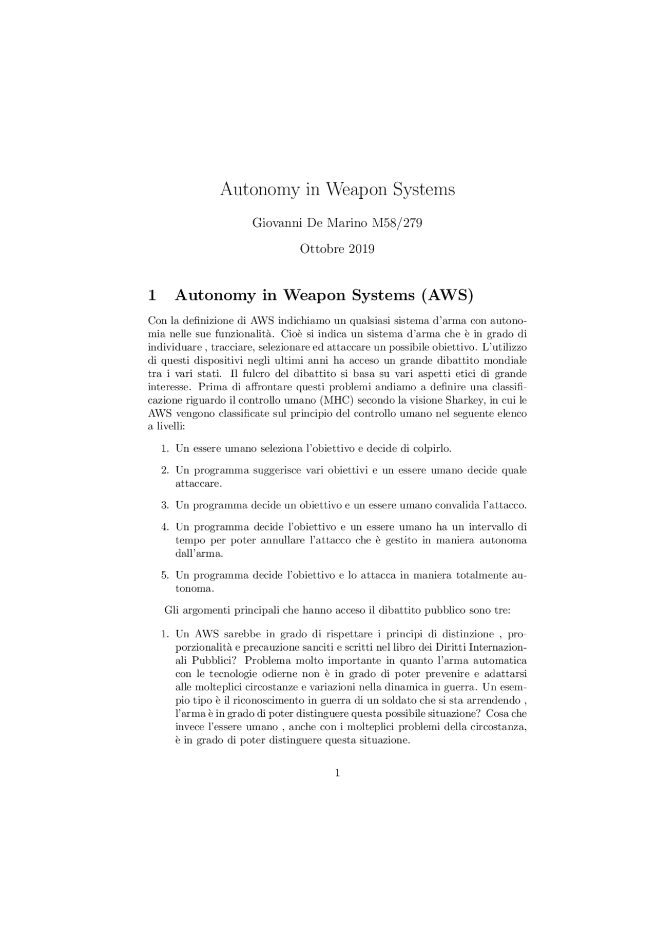AWS Autonomy in Weapon Systems - Docsity