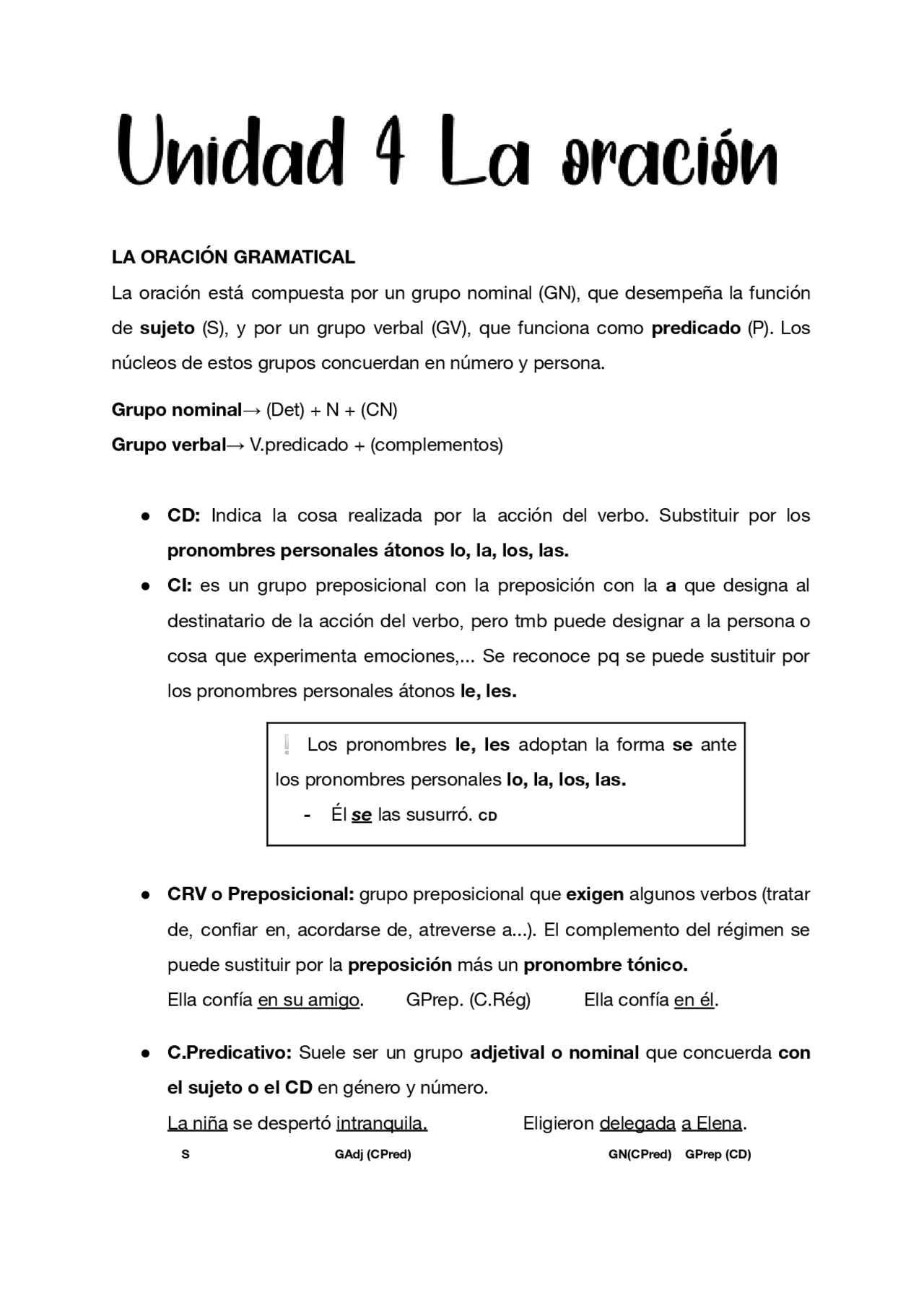 Unidad 4 La oración. - Docsity