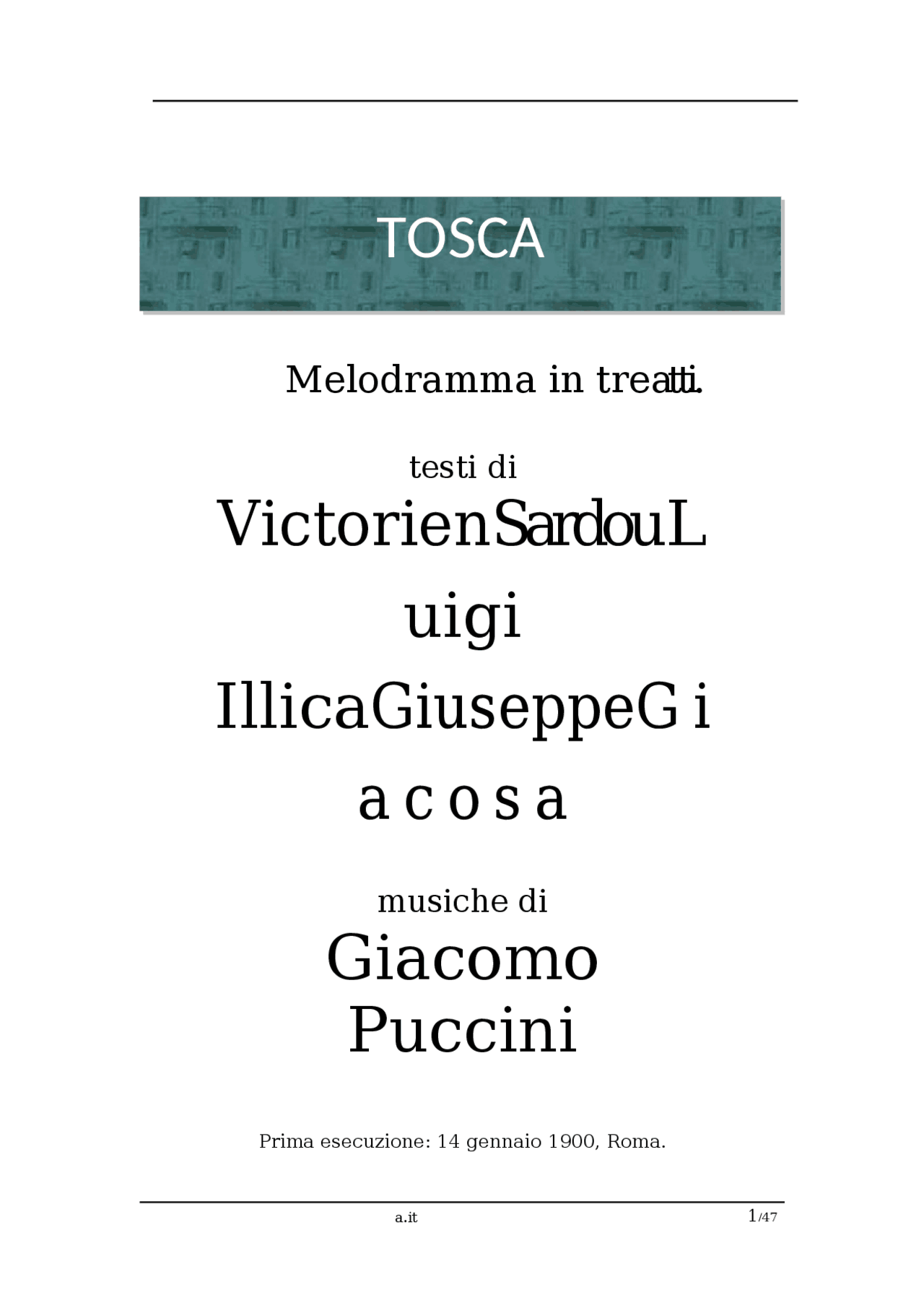 Libretto di Tosca (Giacomo Puccini) - Docsity