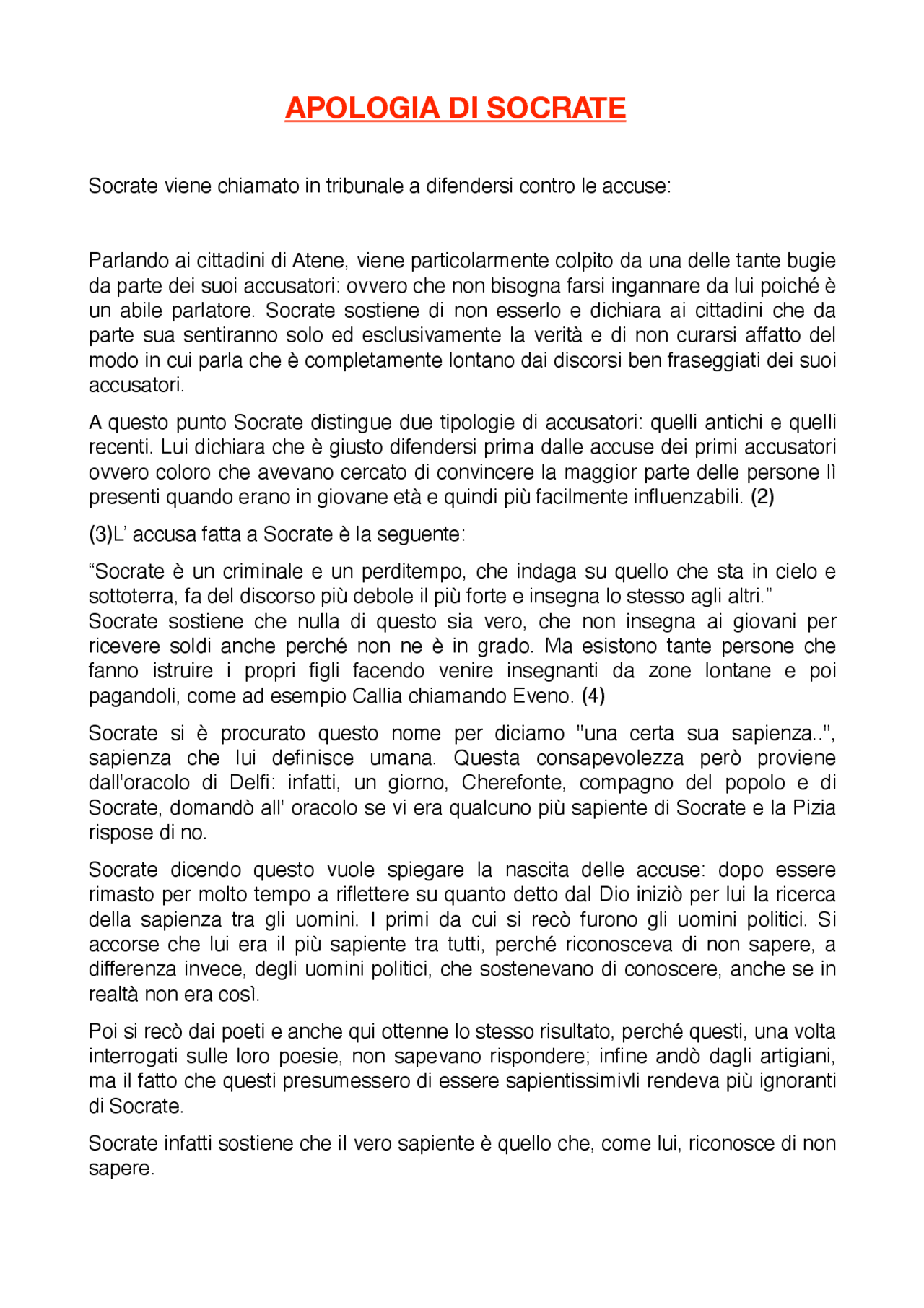 Riassunto apologia di Socrate - Docsity