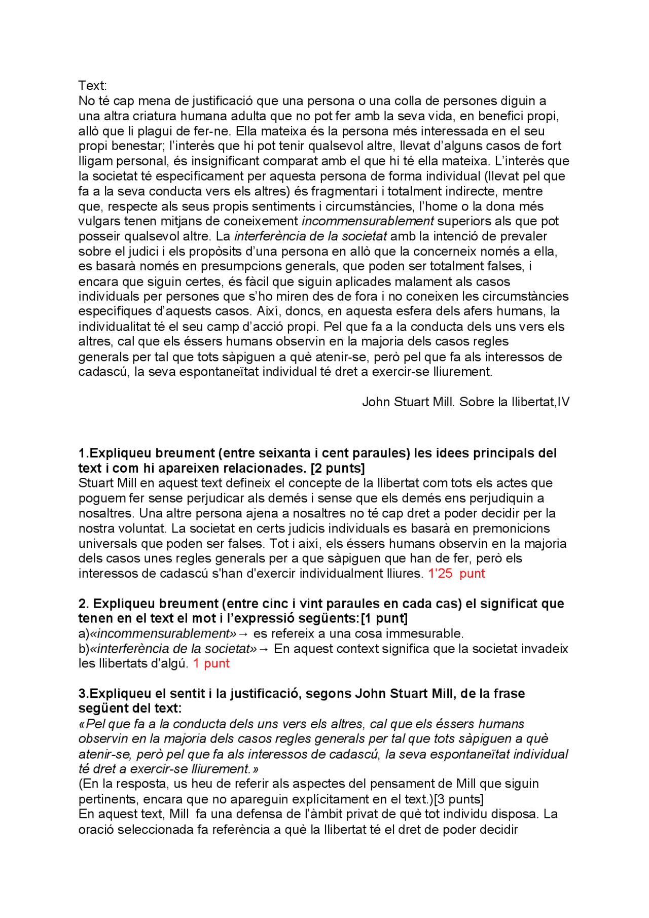 Comentari de text Stuart Mill - Docsity