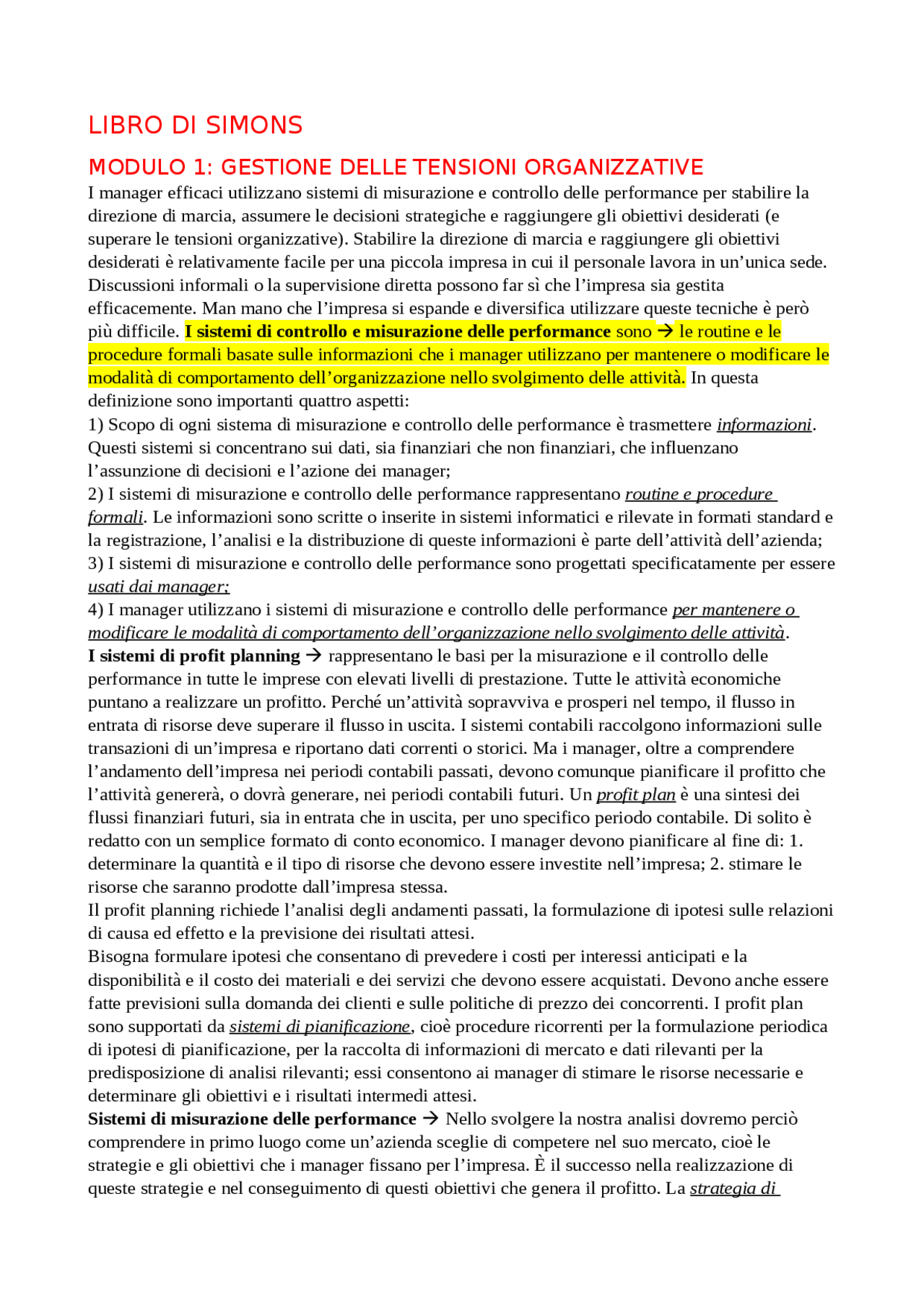 Sistemi Di Controllo E Misure Di Performance Simons Docsity