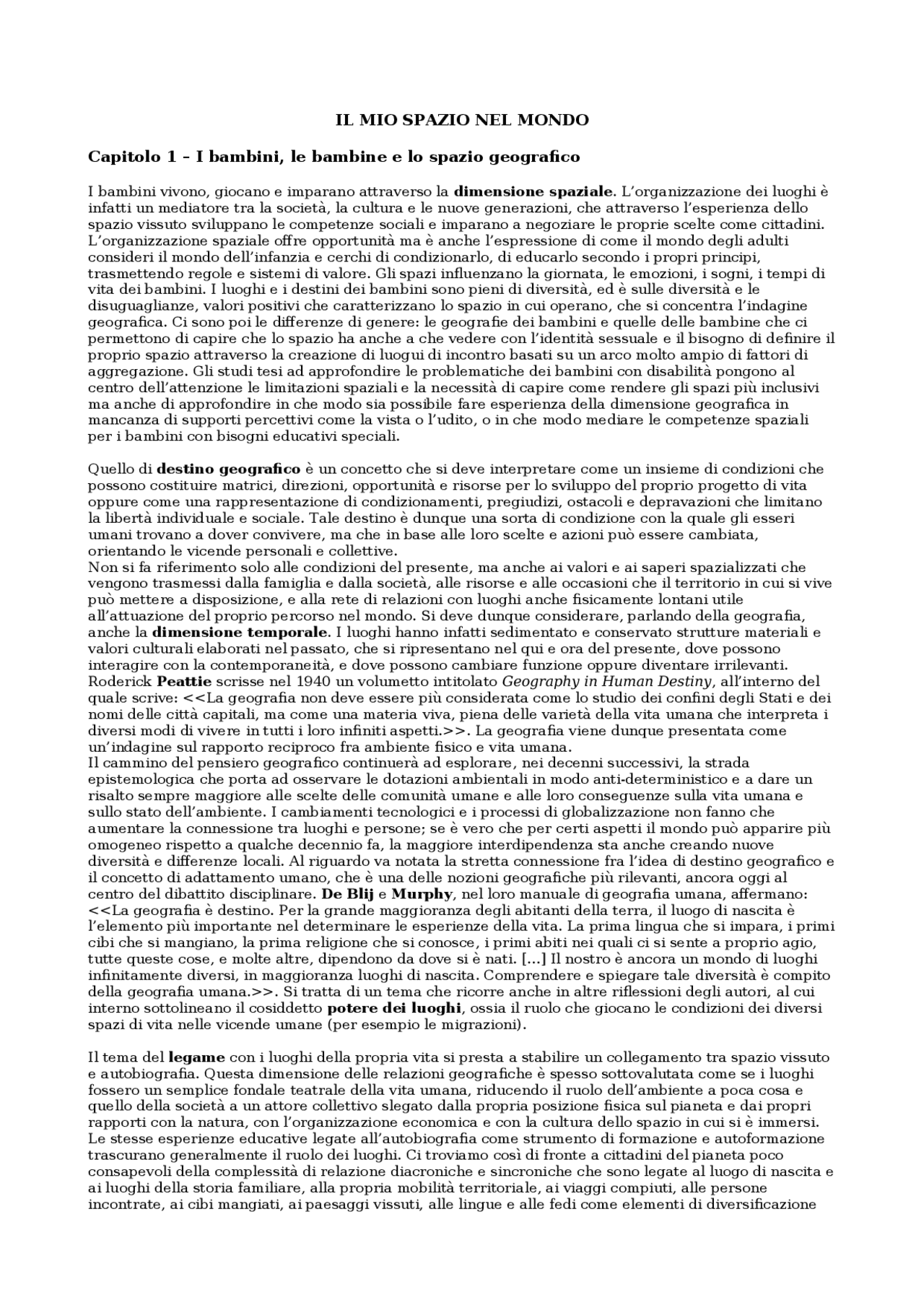 Il mio spazio nel mondo, Riassunti - Docsity