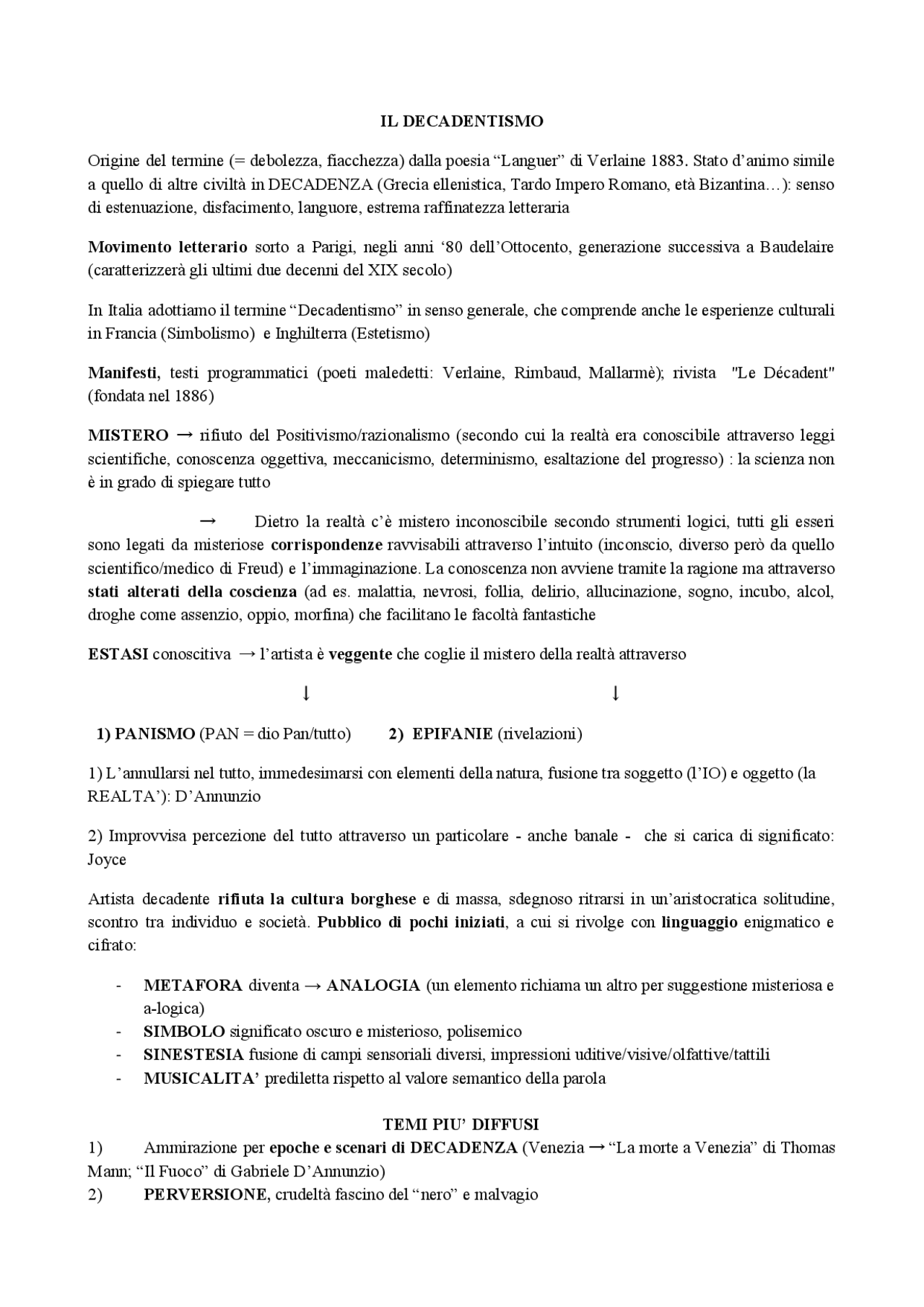 Decadentismo Riassunto Generale Docsity