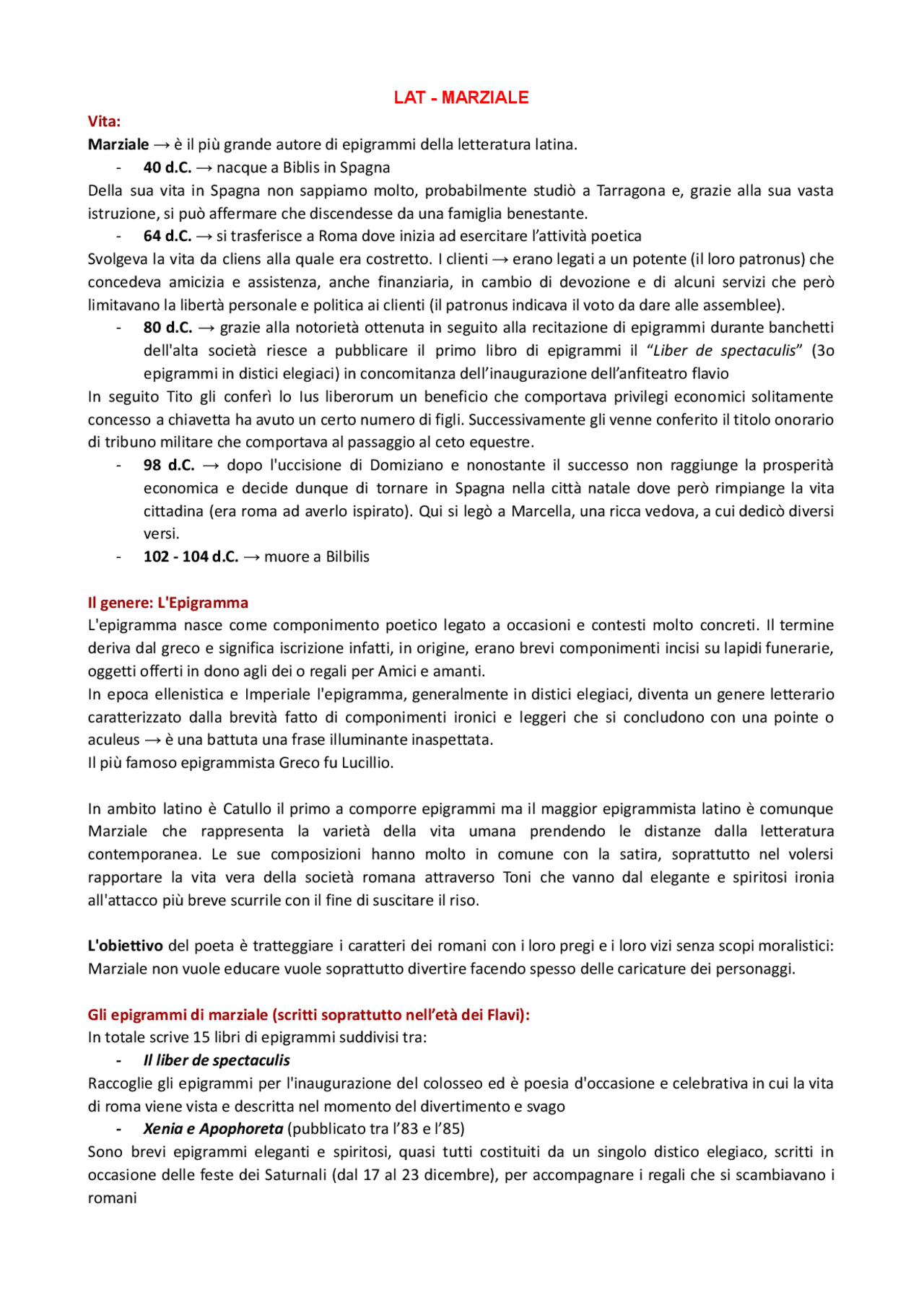 Marziale: vita, opere e stile - Docsity