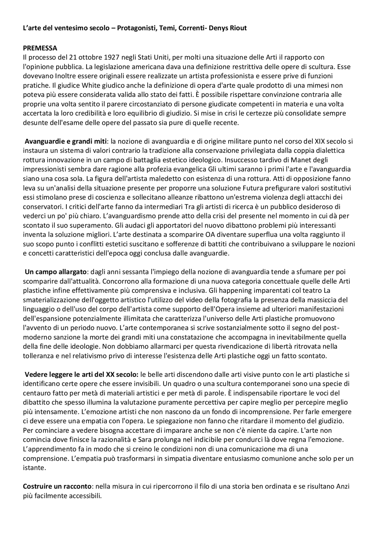 L'arte del ventesimo secolo - riassunto intero - Docsity