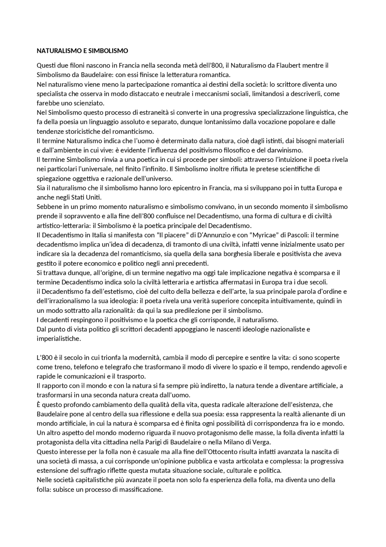 Simbolismo Estetismo E Decadentismo Docsity