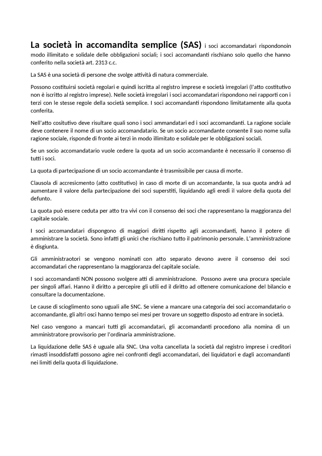 Riassunto Società In Nome Accomandita Semplice Docsity
