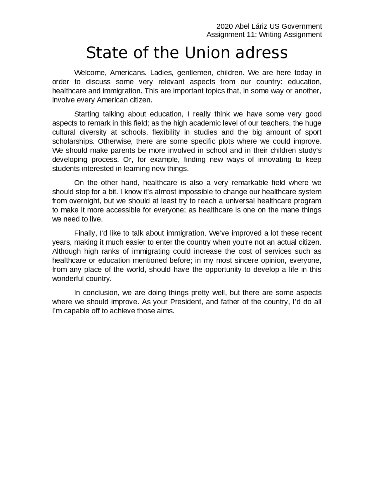 State of the union adress - Docsity