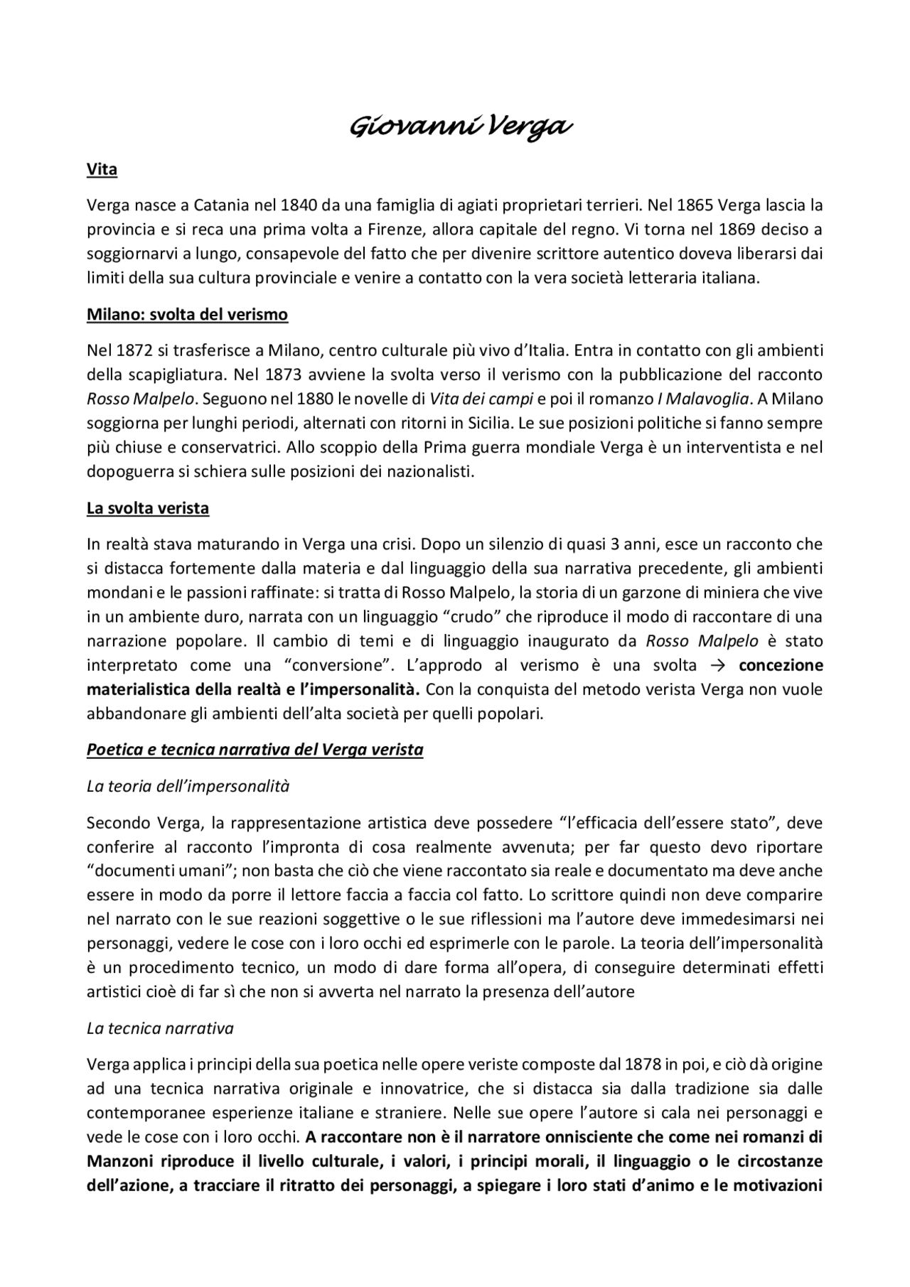 Giovanni Verga Appunti E Approfondimenti Docsity