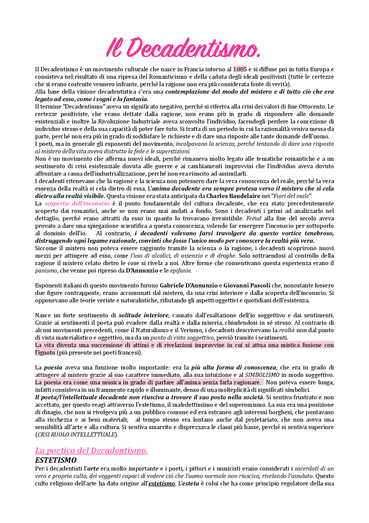 Decadentismo D Annunzio Docsity