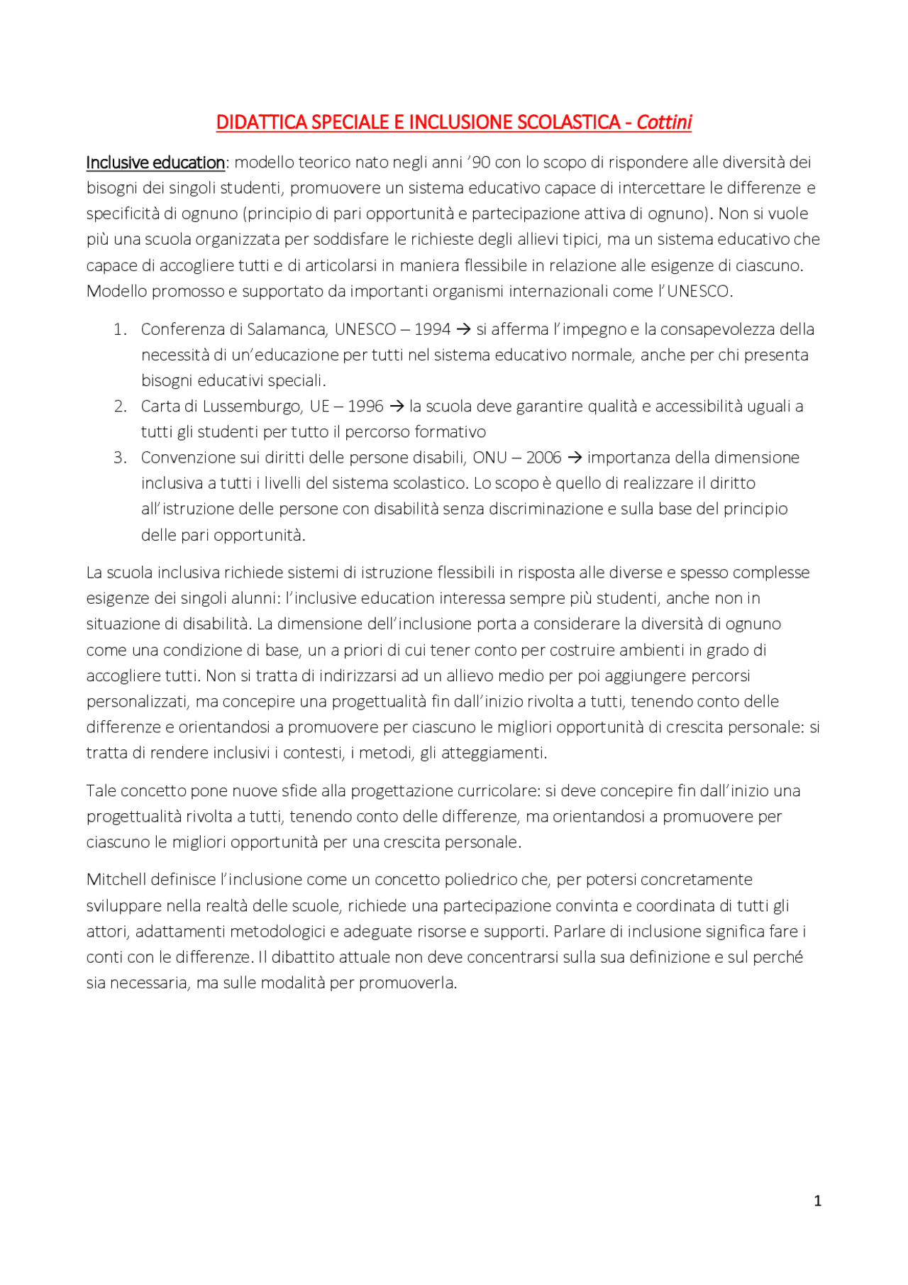 Riassunto Didattica Speciale E Inclusione Scolastica Cottini