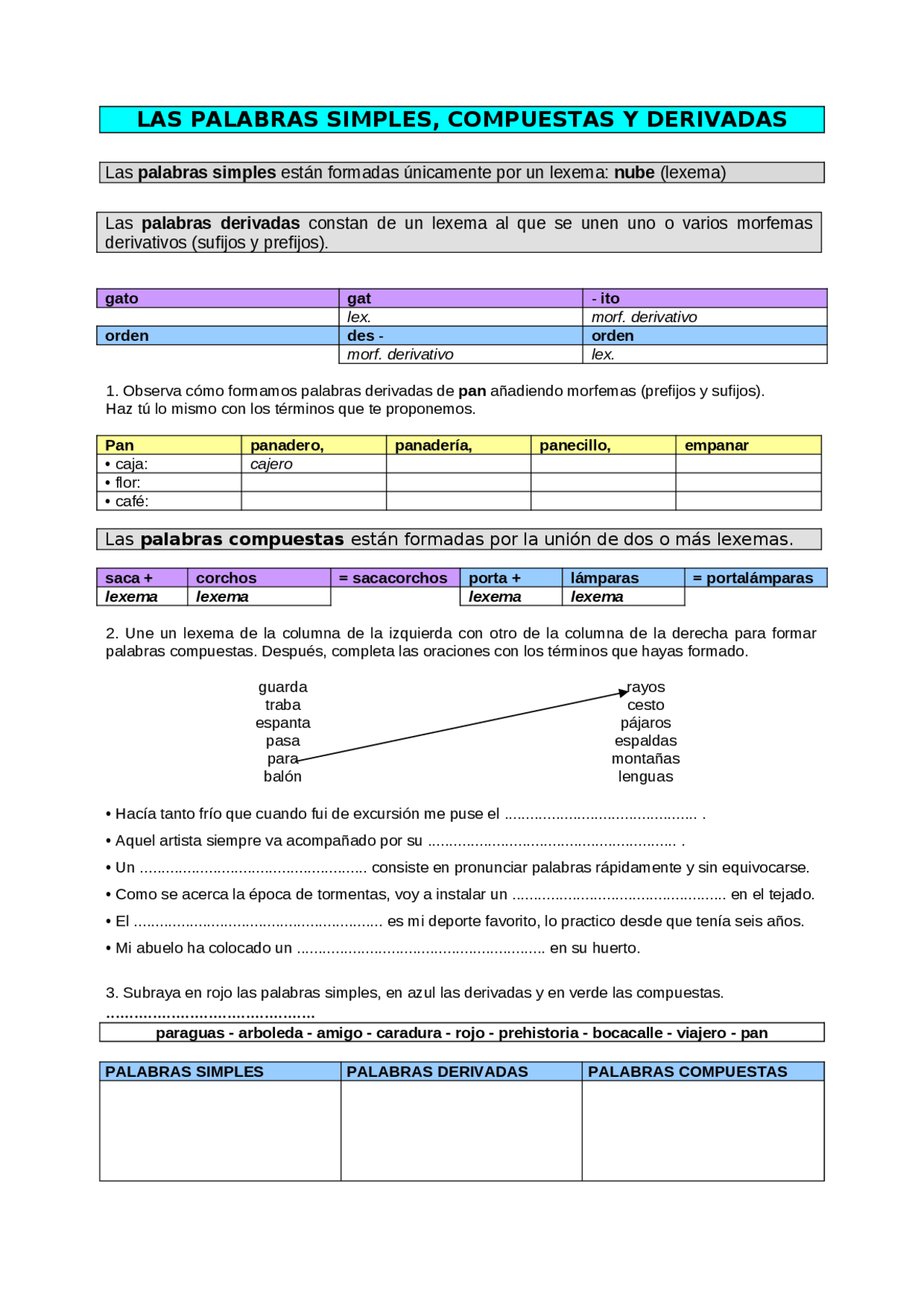 Palabras simple, compuesta y derivadas 1 eso | Ejercicios de Lengua y ...