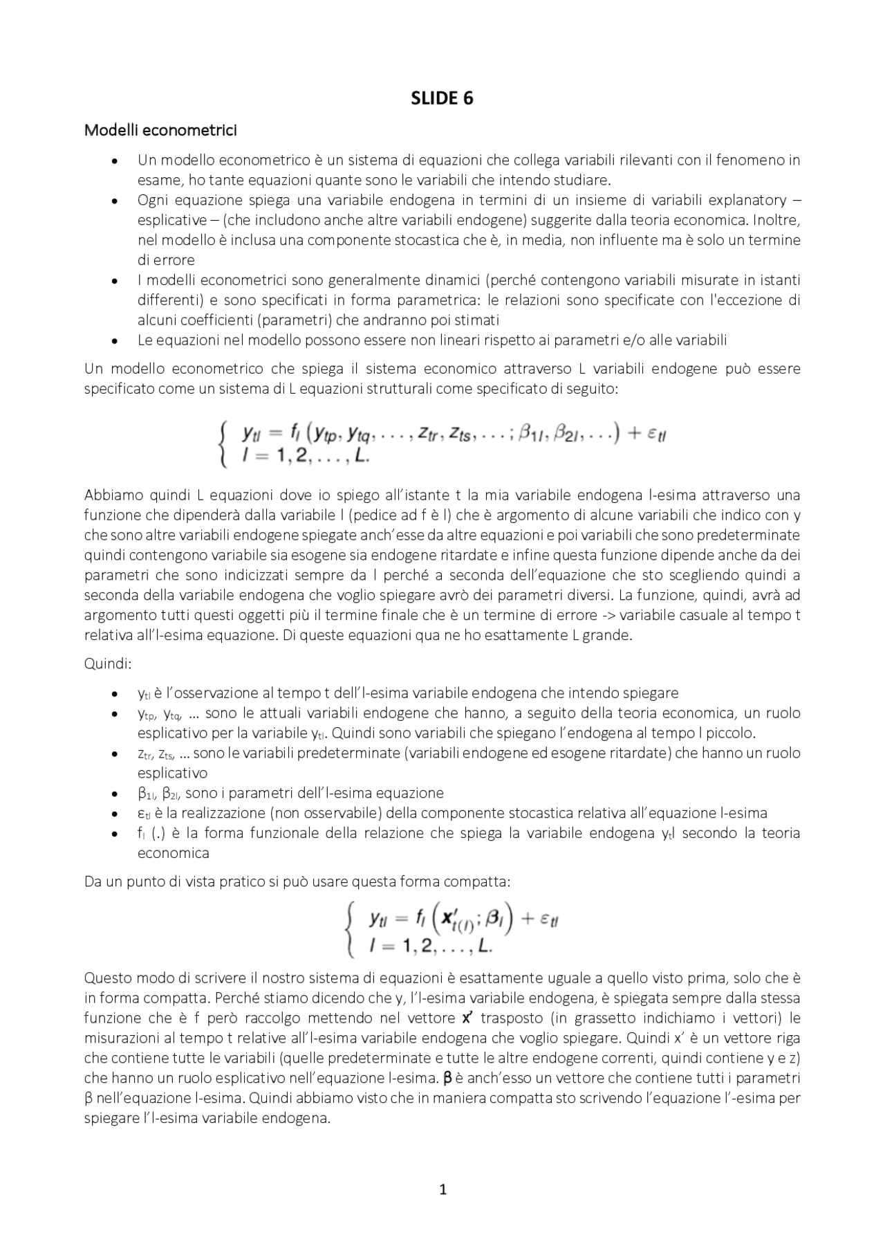 Modelli econometrici - Bagnato - Docsity
