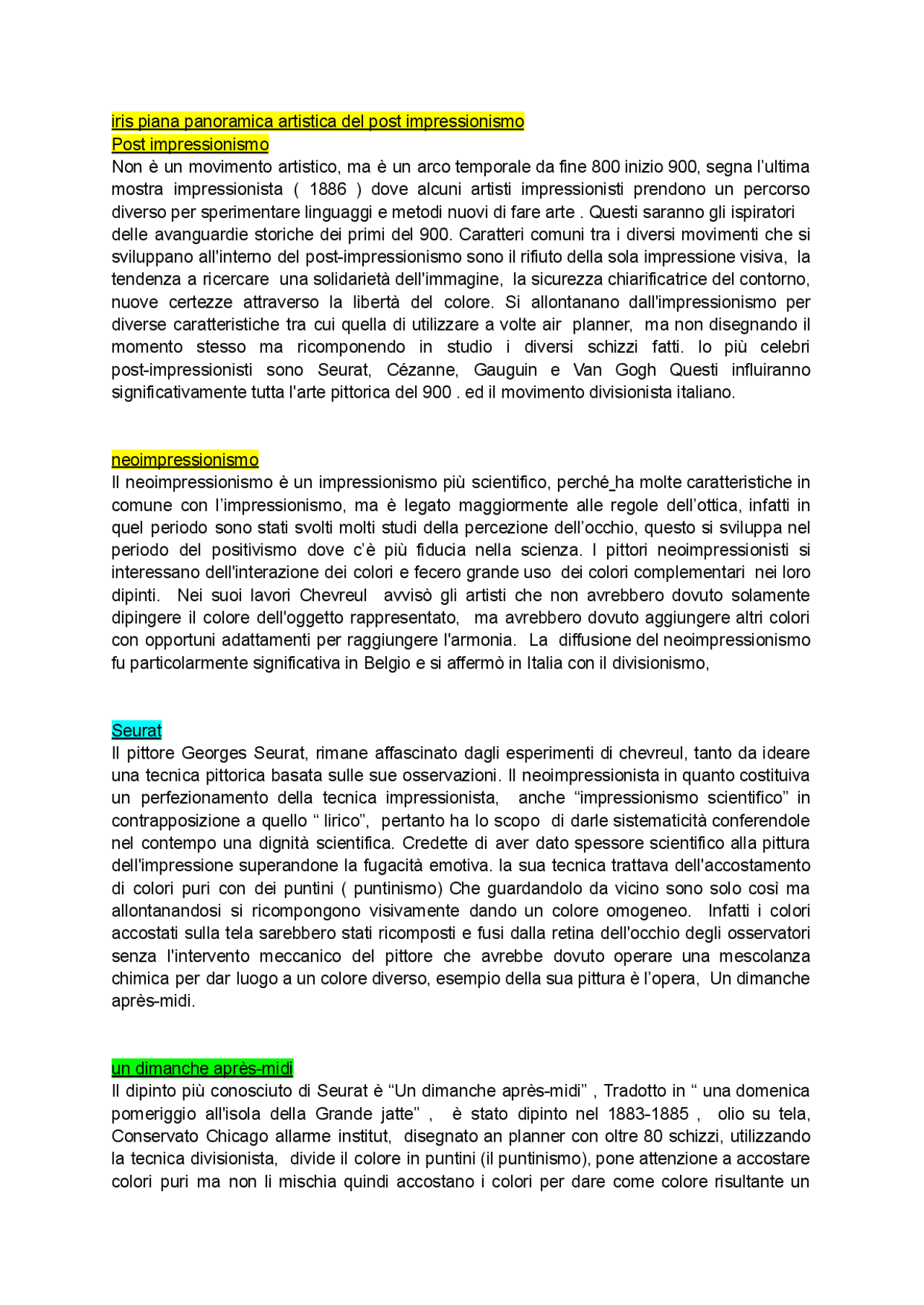 Postimpressionismo Artistico Docsity