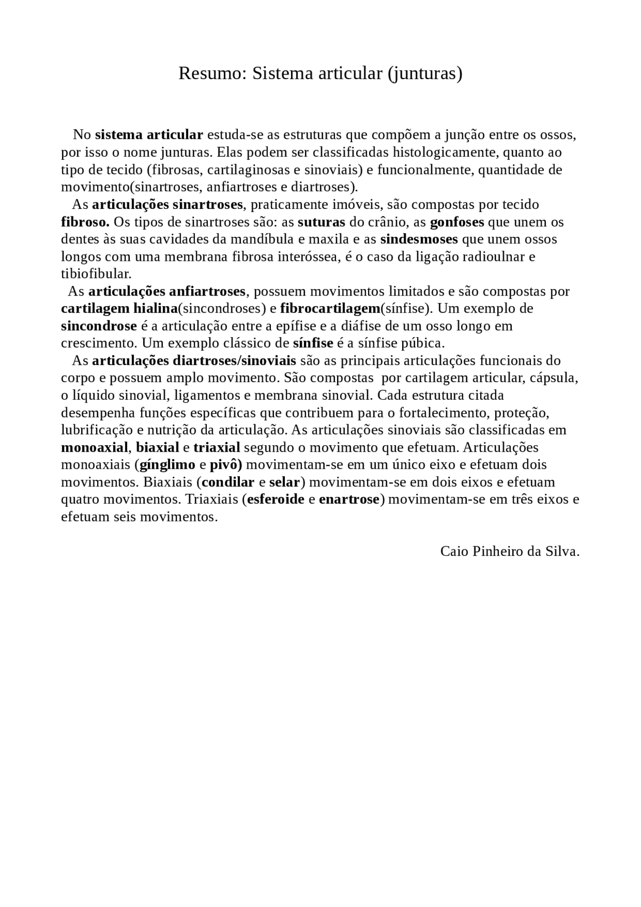 Resumo Sistema Articular Docsity