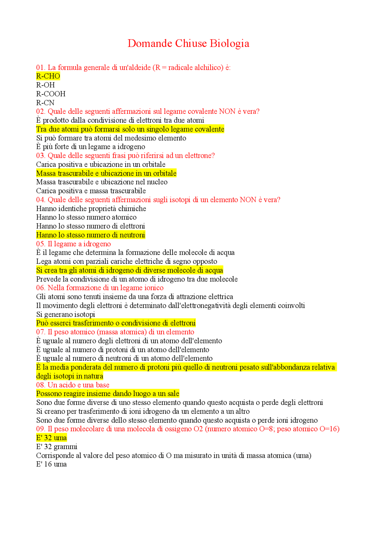 Paniere Biologia domande chiuse - Docsity