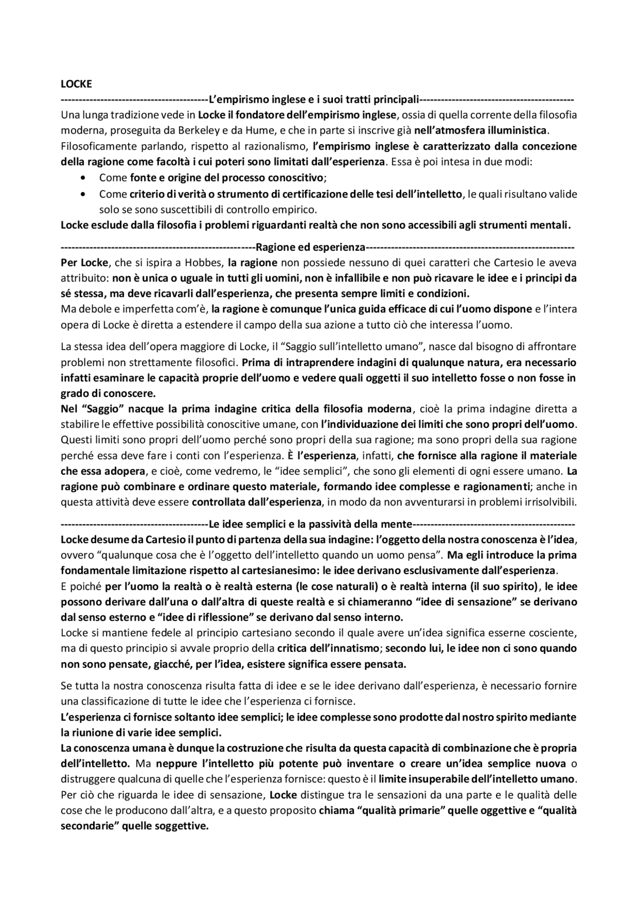 John Locke Riassunto Completo Docsity