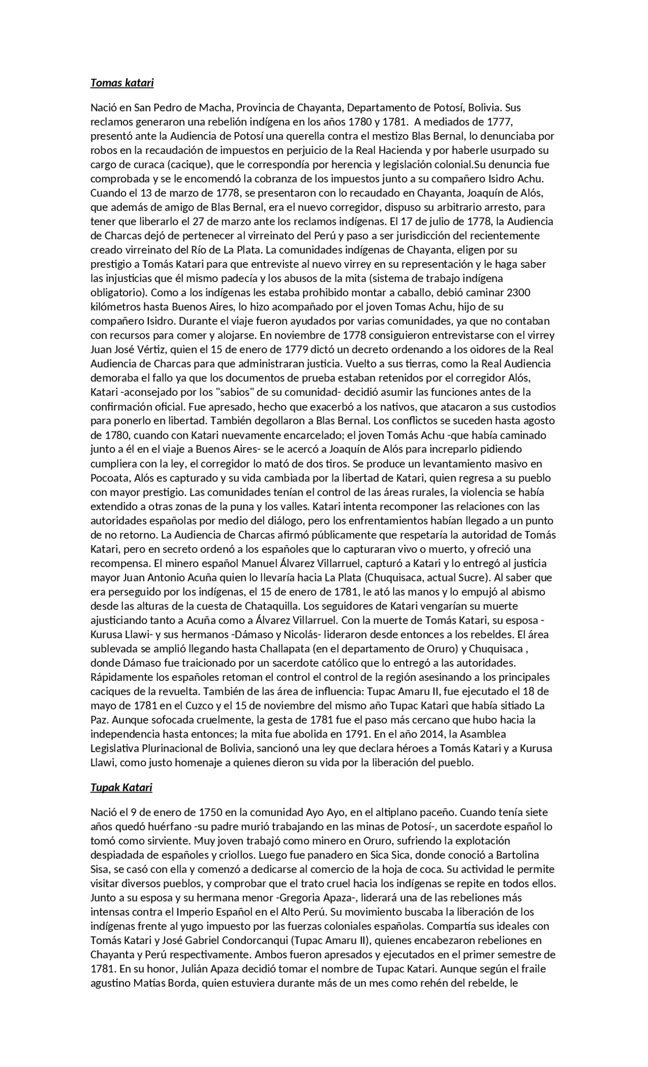 Tomas katari comandante militar - Docsity