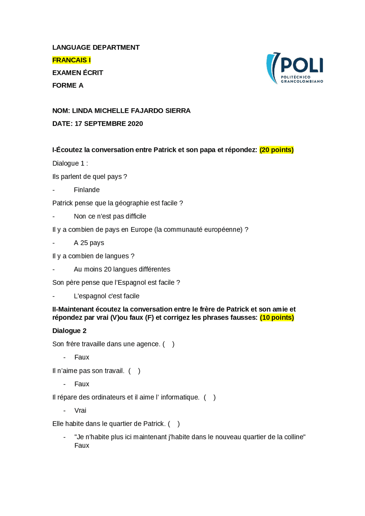 EXAMEN FINAL FRANCES 2 CORTE | Notas de estudo de Francese | Docsity
