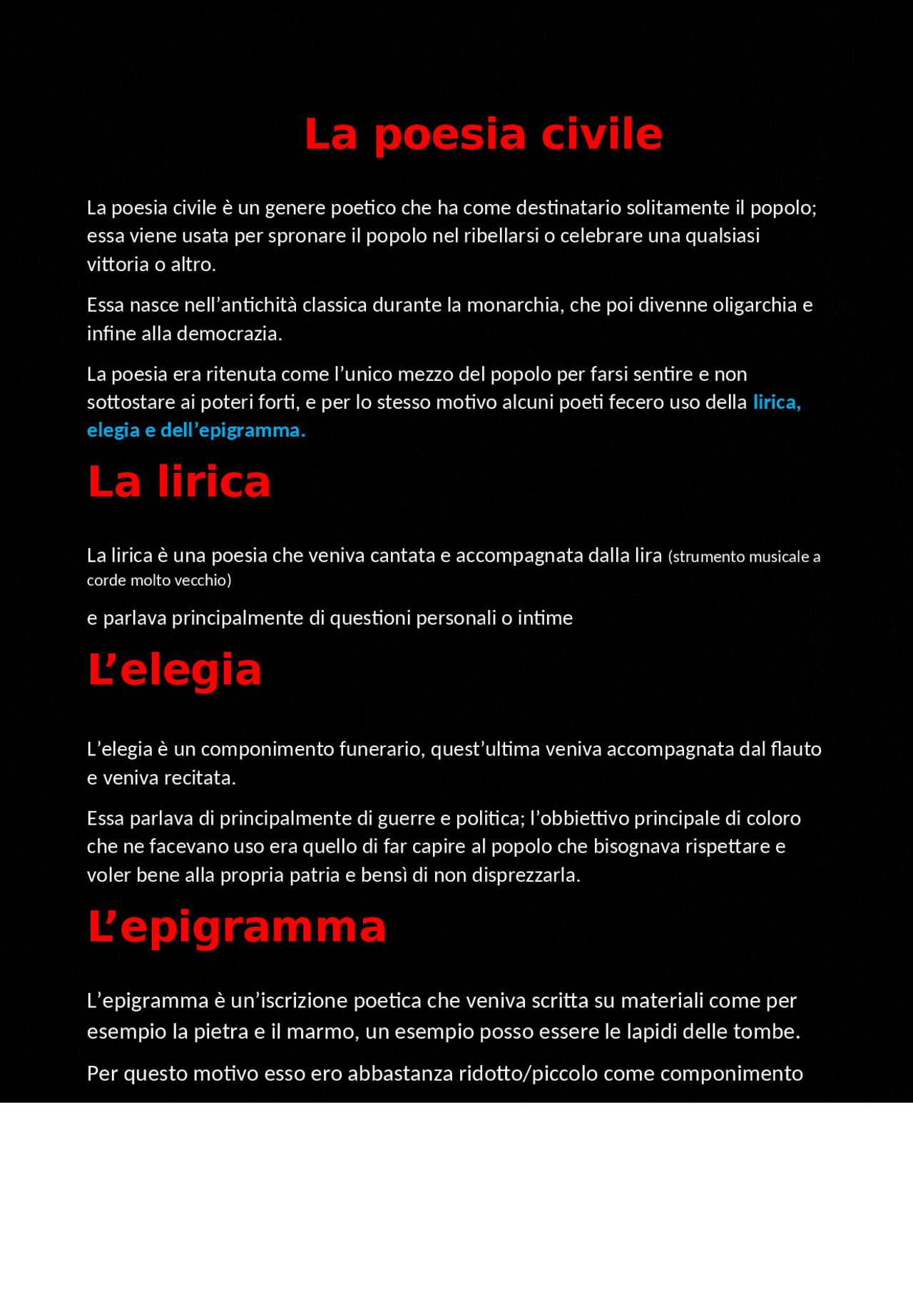 La poesia civile, l'elegia e l'epigramma | Appunti di Italiano | Docsity