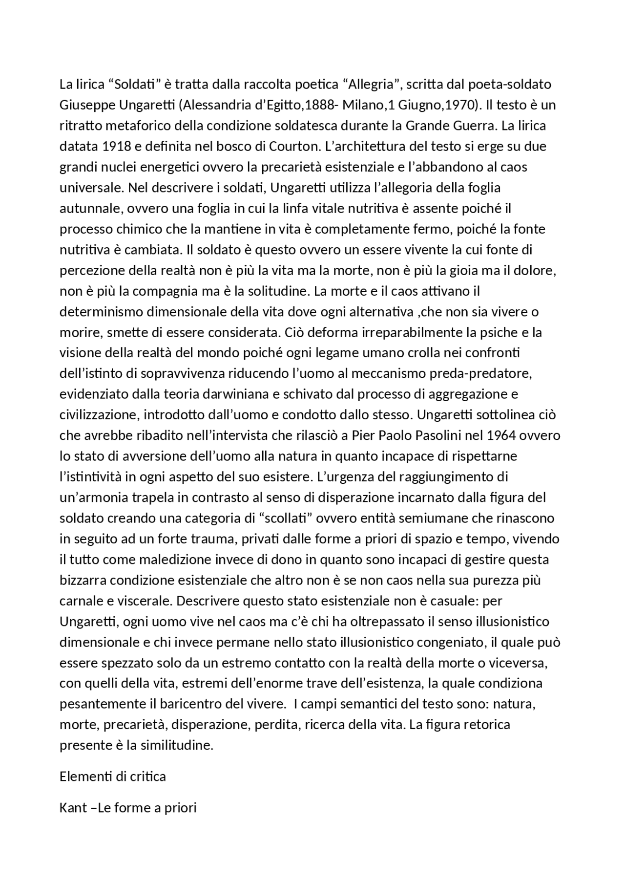 Analisi Soldati Ungaretti Docsity