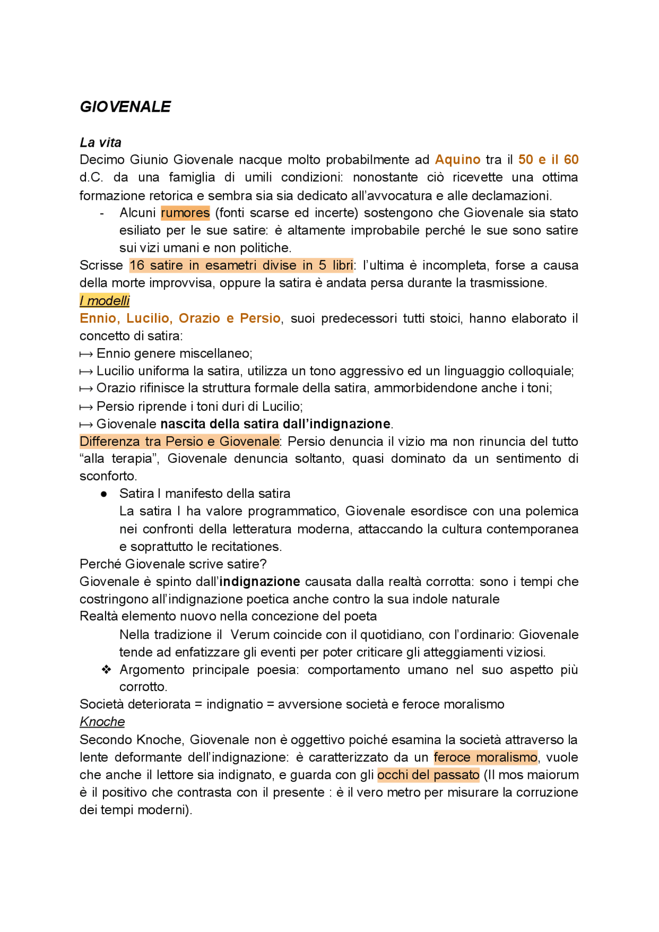 Appunti su Giovenale e la Satira | Temi di Latino | Docsity