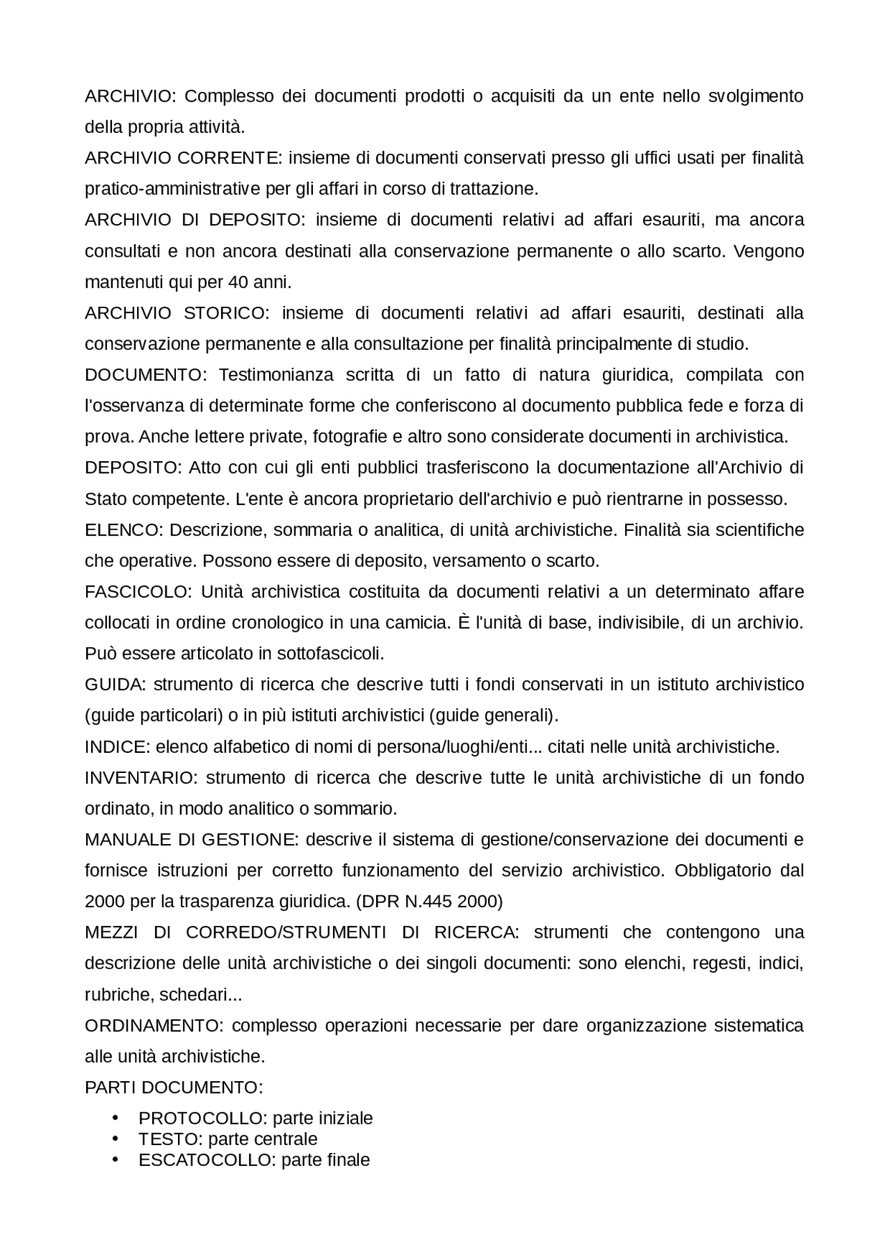 Archivistica generale: definizioni principali. - Docsity