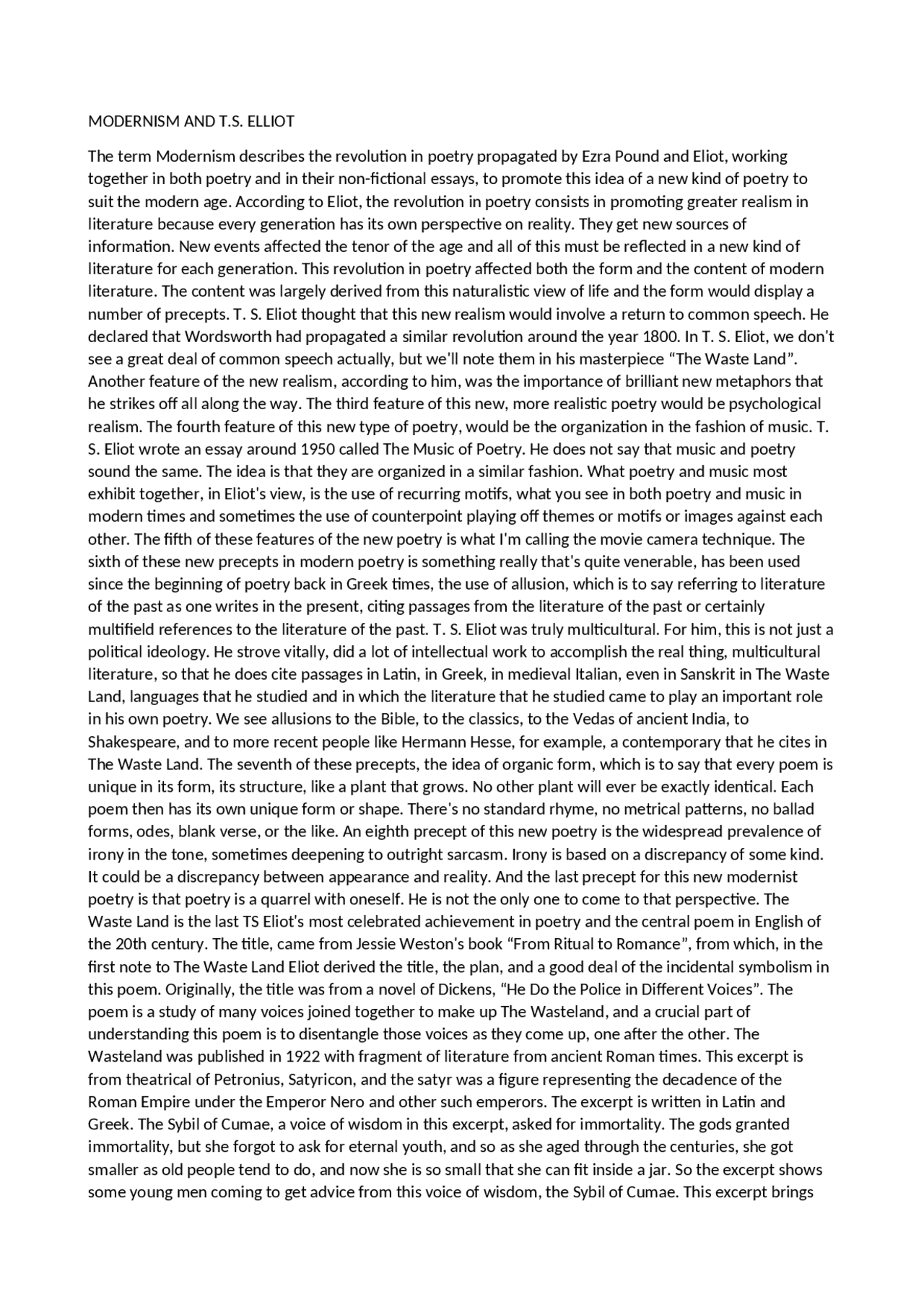 Modernism And Ts Eliot Docsity