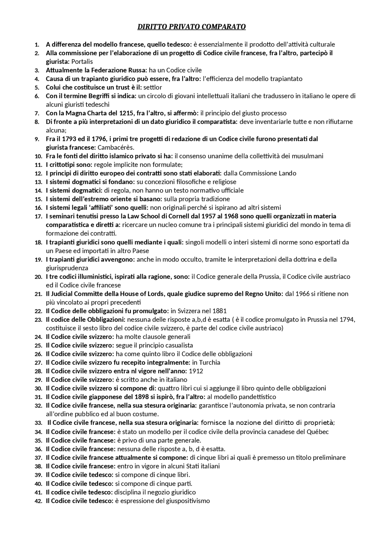 Diritto Privato Comparato Unicusano Docsity