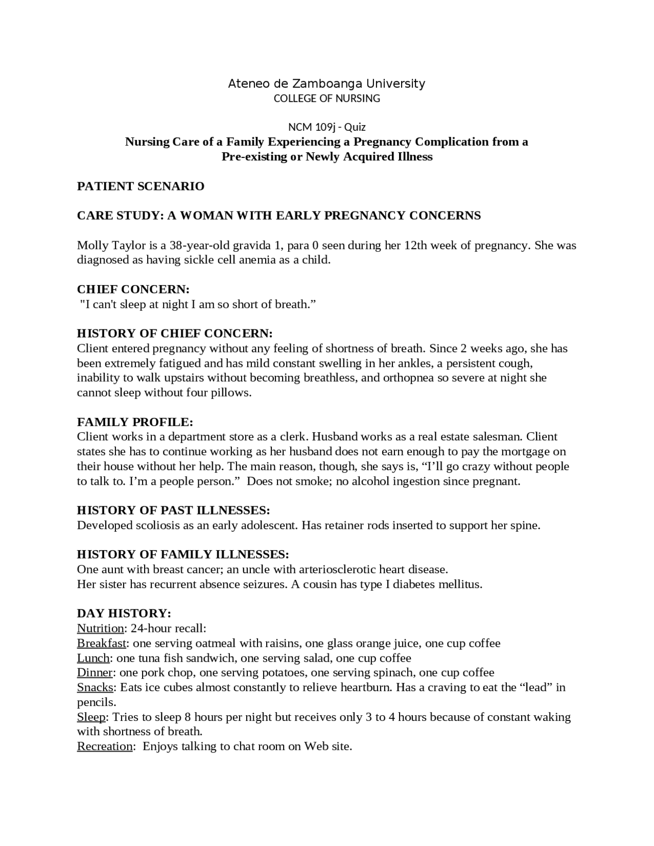 Nursing Scenario Sample - Docsity