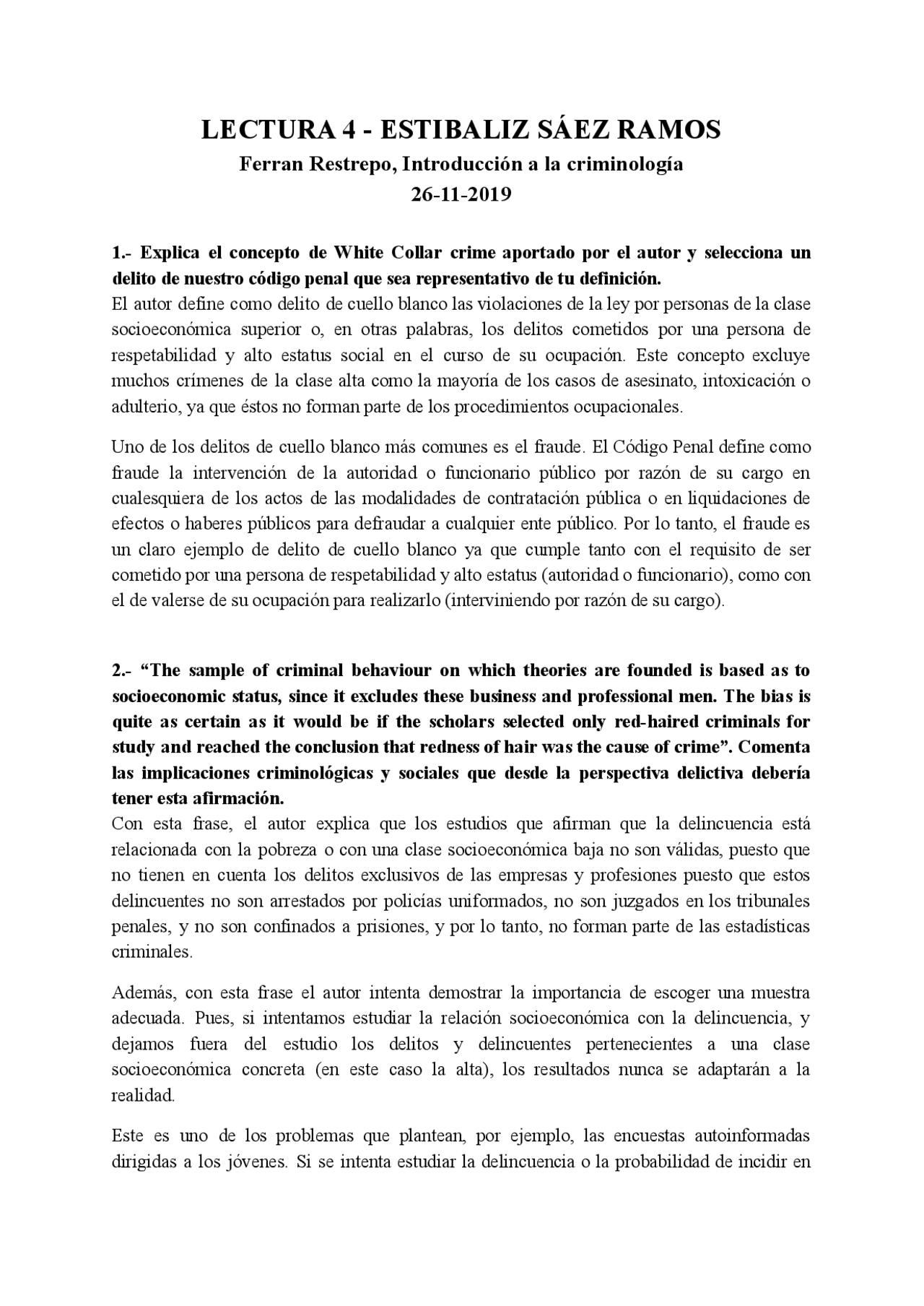 Lectura 4 Introducción A La Criminología Ejercicios De Criminología