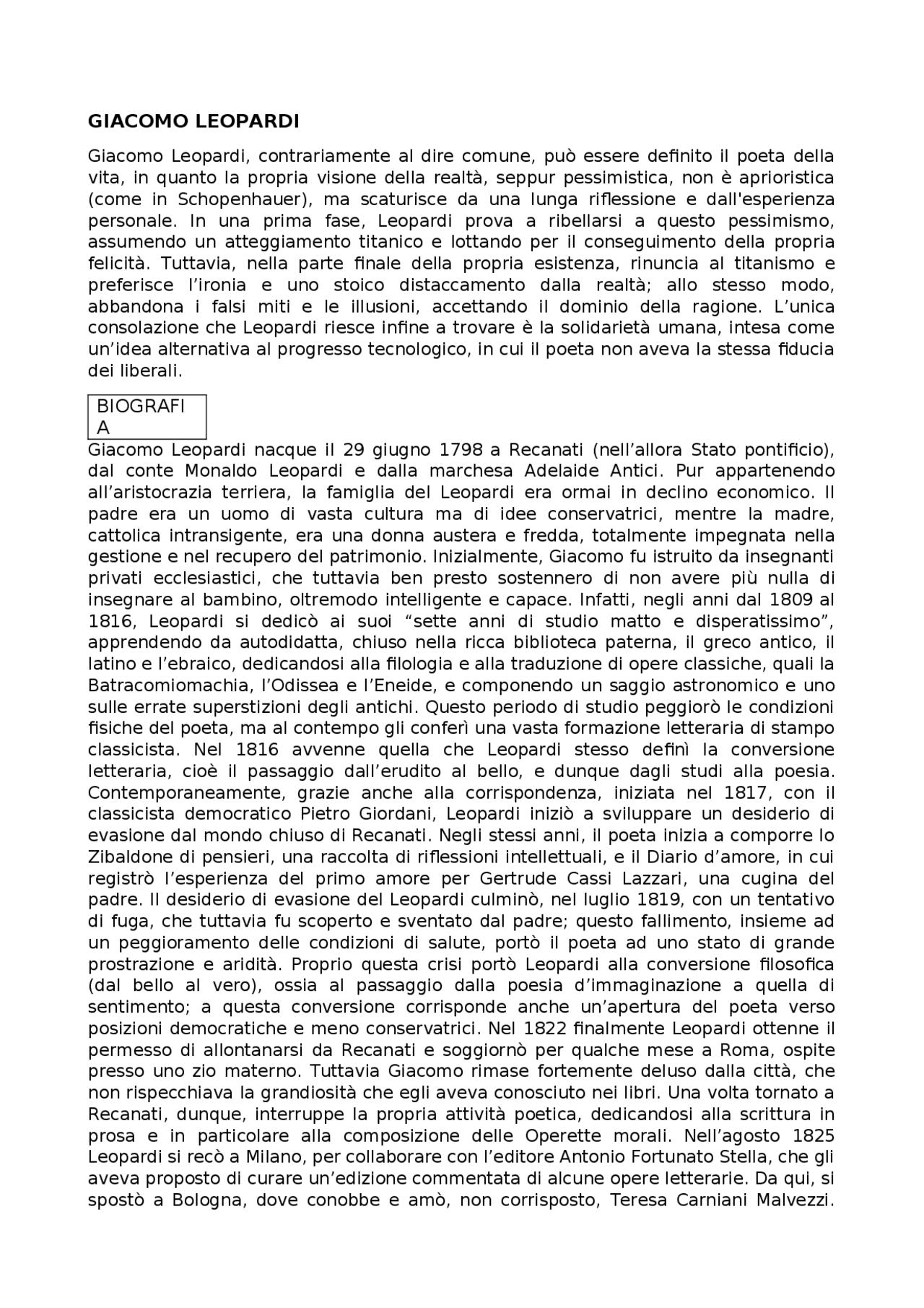 Riassunti su Giacomo Leopardi - Docsity
