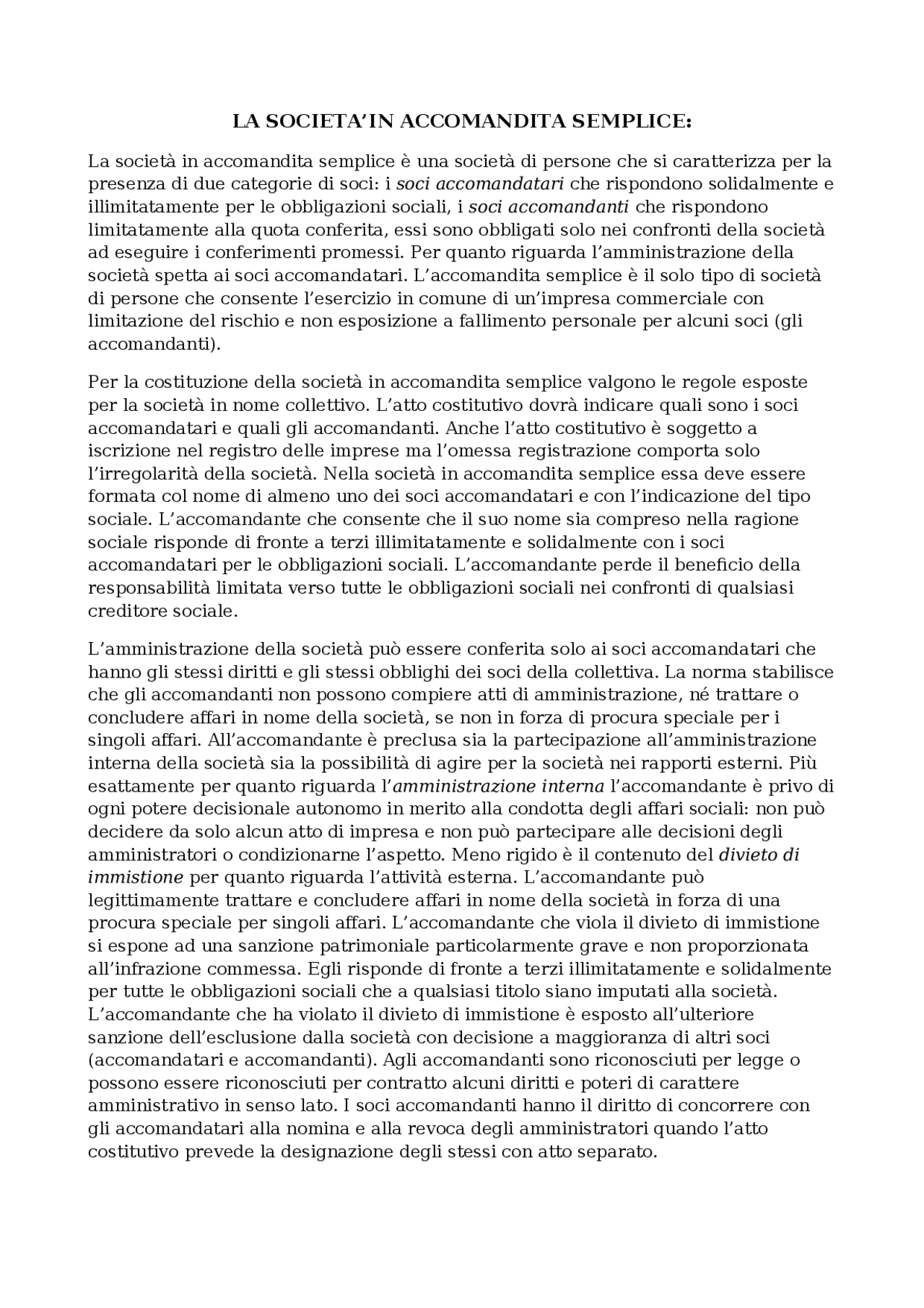 Riassunto Società In Accomandita Semplice Docsity