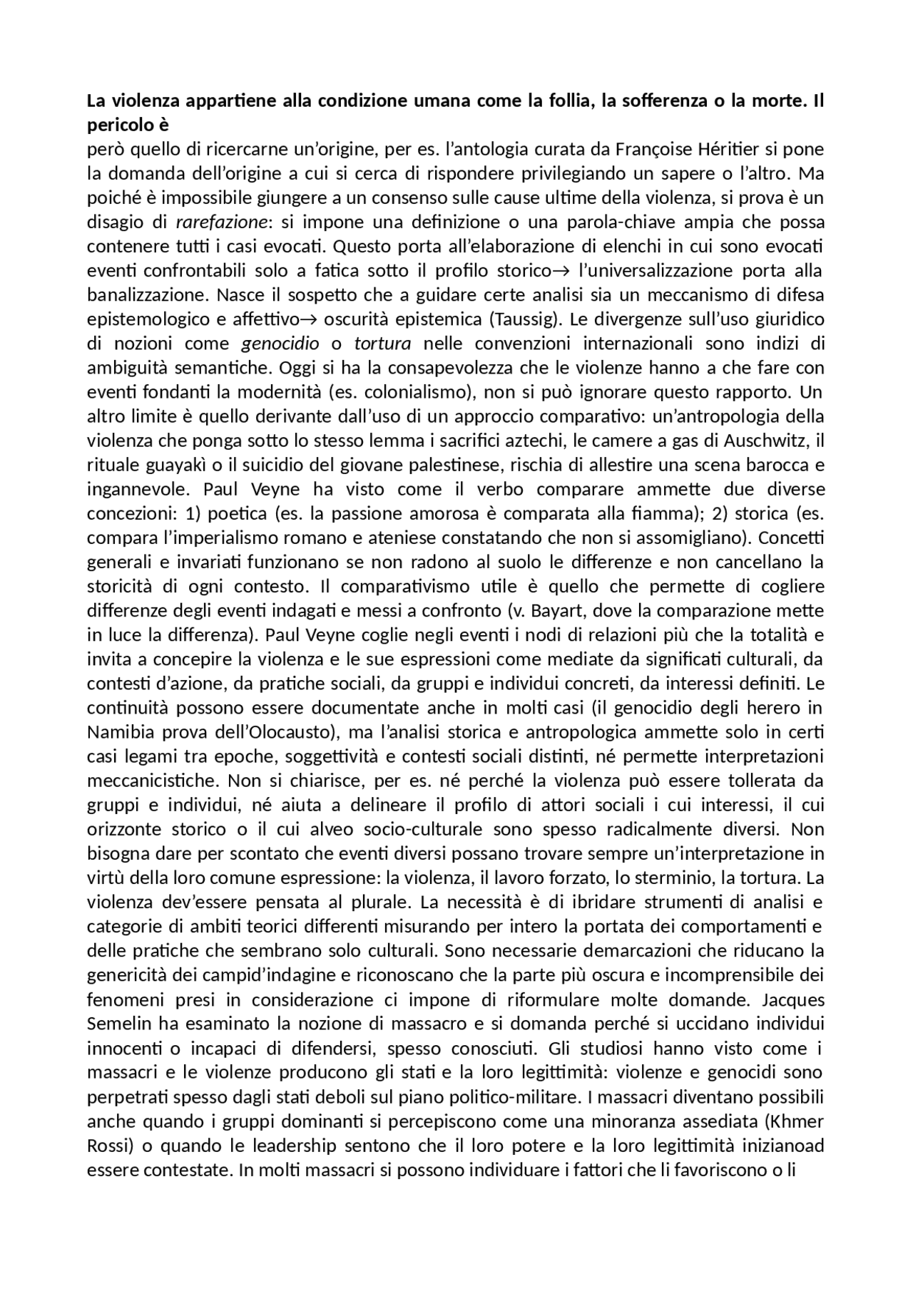 Il pensiero di Beneduce sulla violenza - Docsity