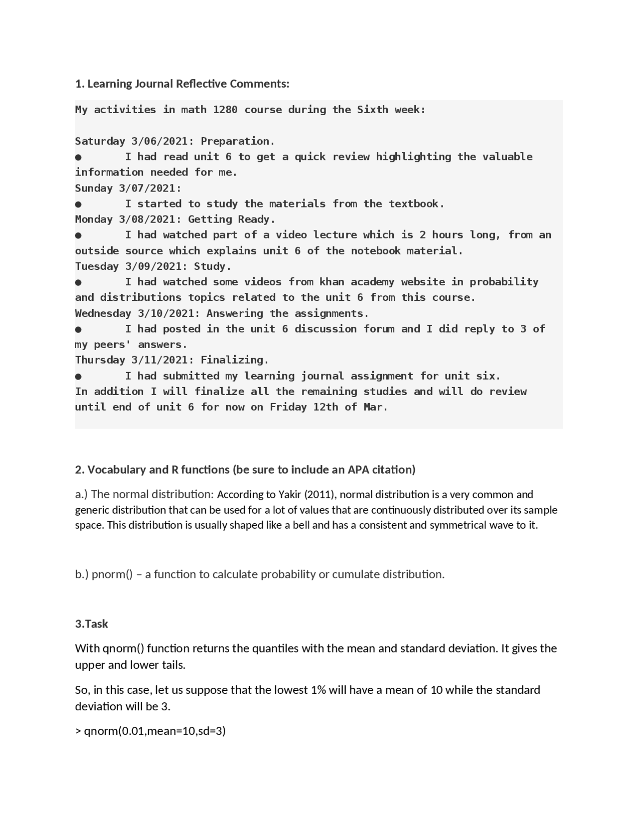 Math 1280 Learning Journal Unit 06docx Assignments Statistics