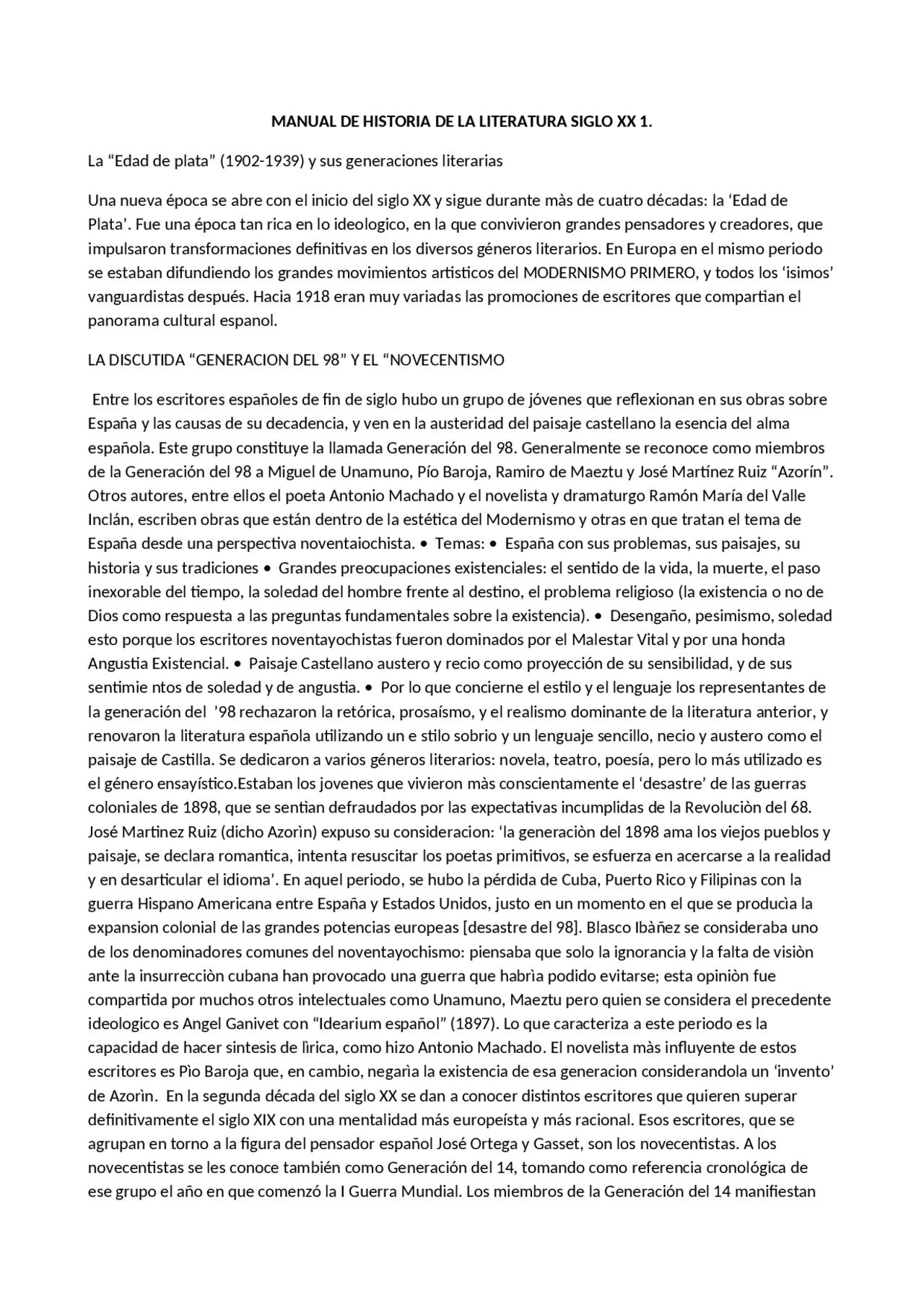 Manuale Spagnolo Riassunti Chiari Sul Secolo 20 Docsity