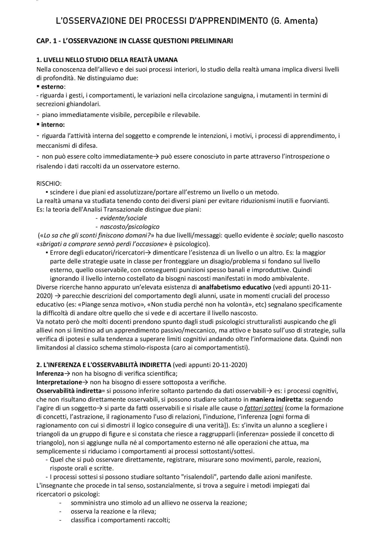 Sintesi Losservazione Dei Processi Dapprendimento G Amenta Docsity