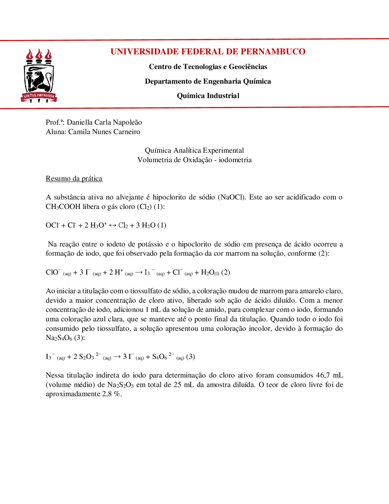 Prática Iodometria - resumo | Esquemas Química Analítica | Docsity