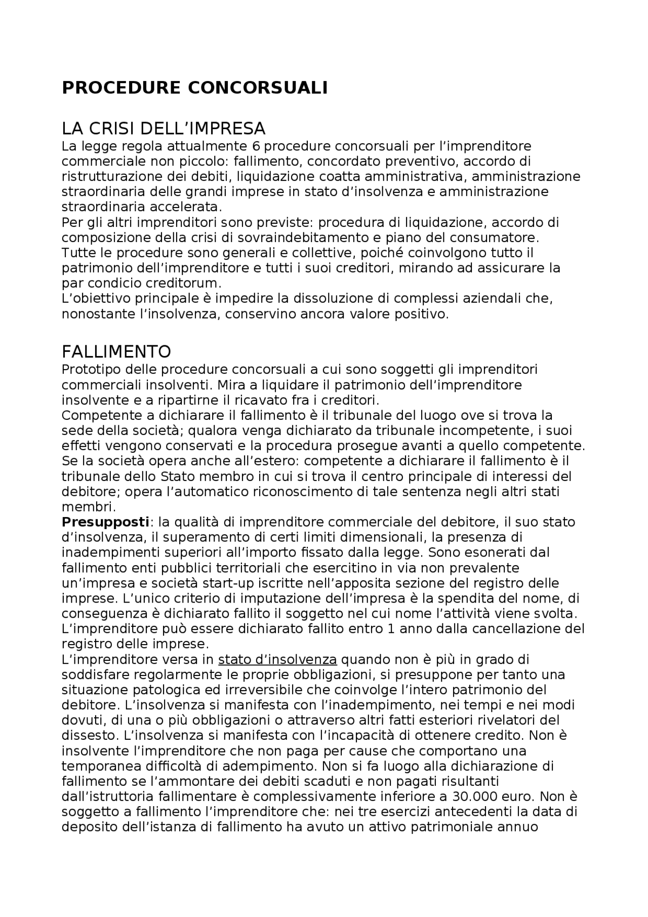 Diritto Commerciale Le Procedure Concorsuali Docsity