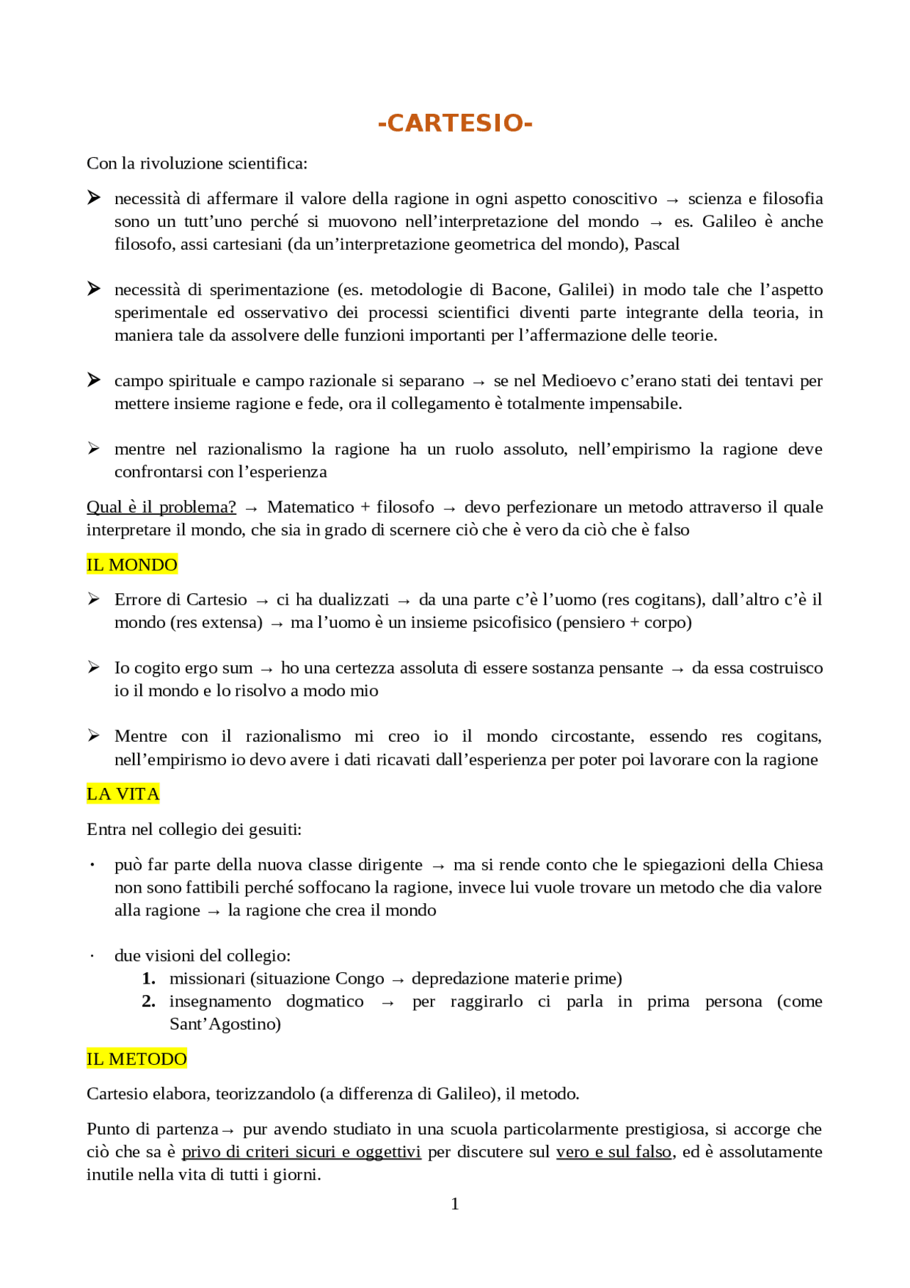 Cartesio Sintesi Completa Docsity