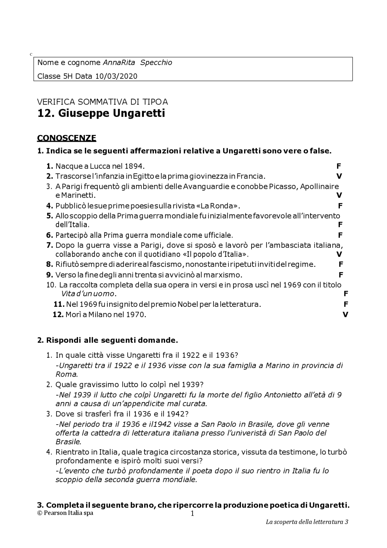 Tipo Verifica Su Ungaretti Prove Svolte Di Maturità Di Lingue E