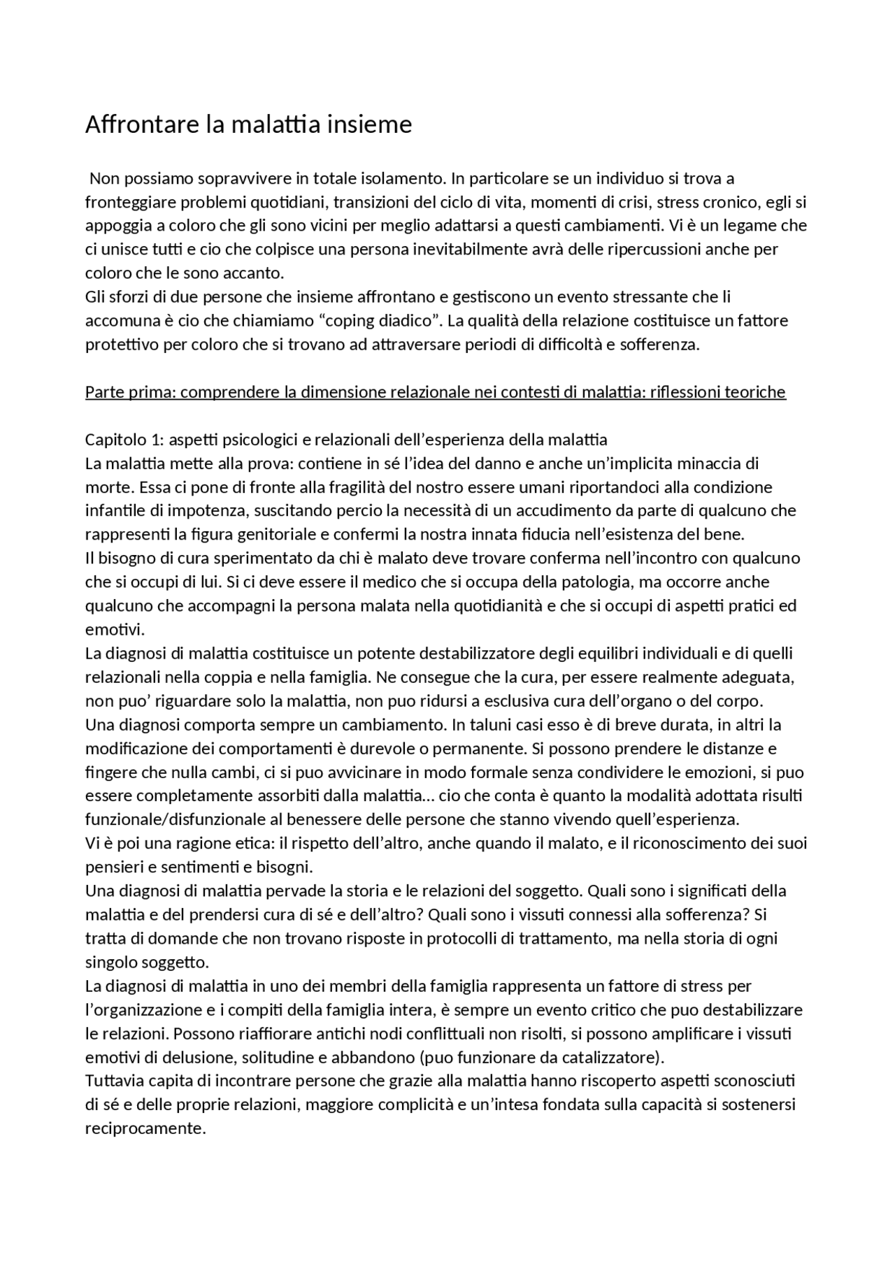 Riassunto Libro Il Coping Diadico Affrontare La Malattia Insieme Docsity