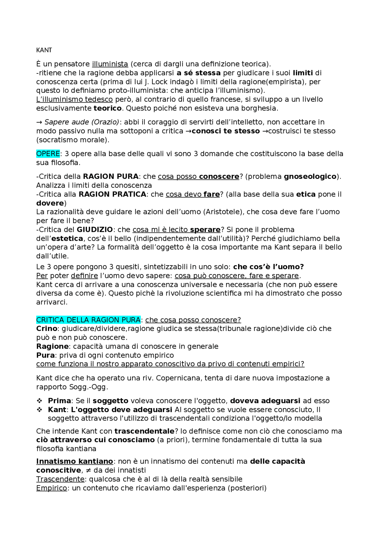 Kant Pensiero Filosofico E Opere Docsity