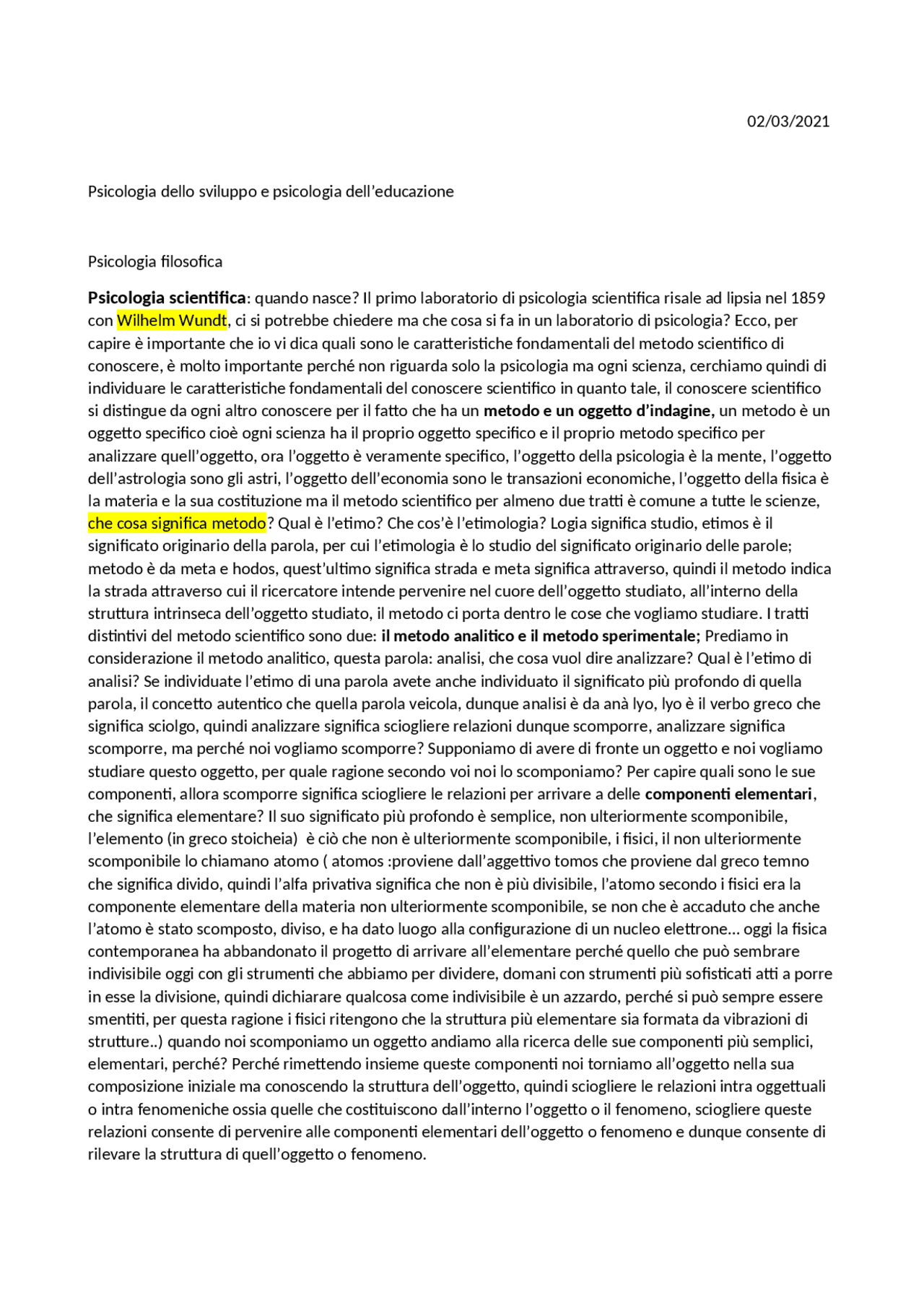 Psicologia Scientifica Alcuni Cenni Docsity